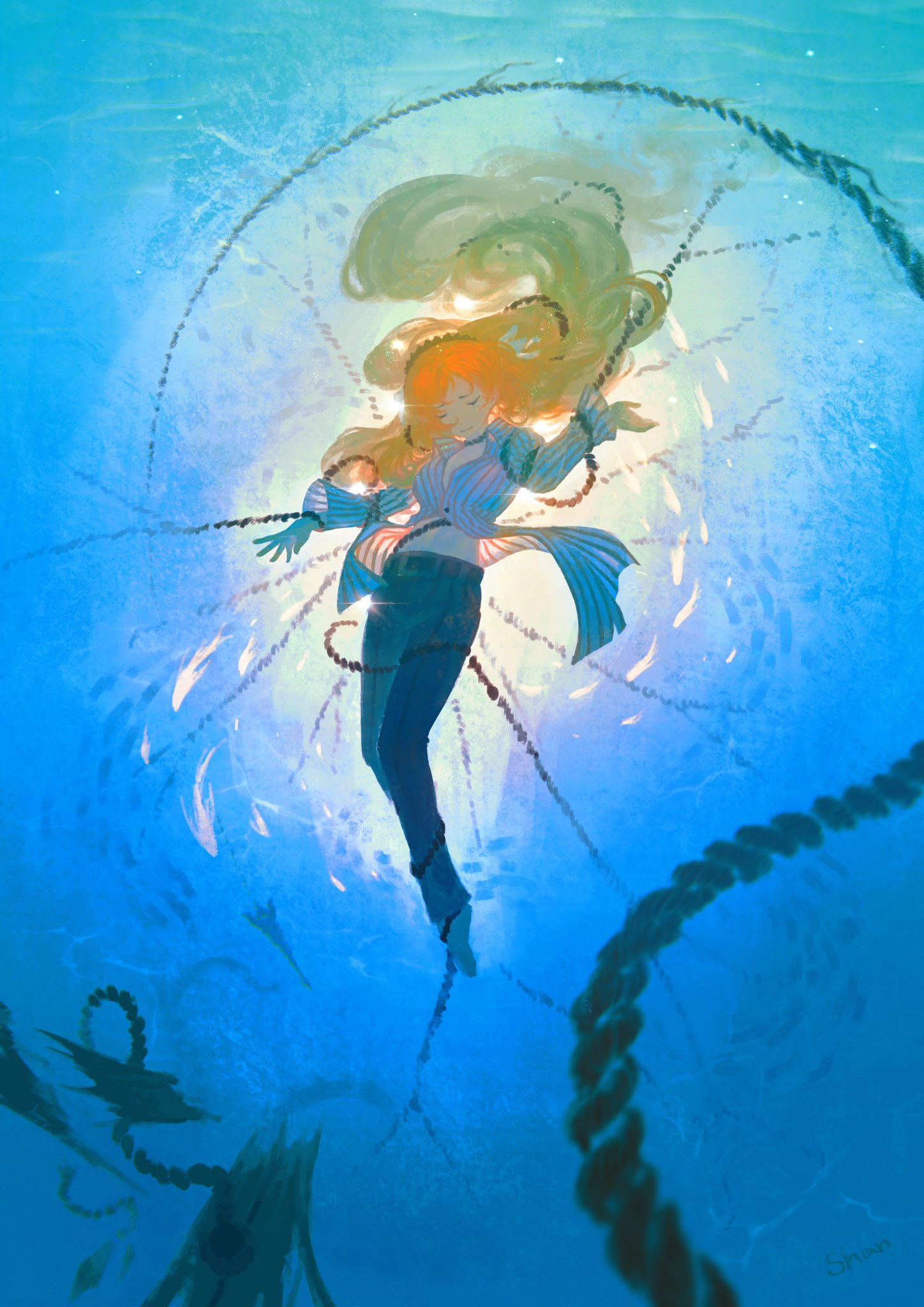 Safebooru - 1girl barefoot black pants bow broken brown hairband chain ...