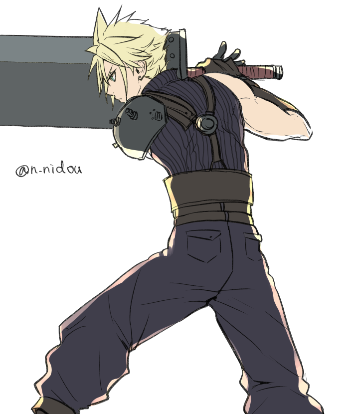 Safebooru - 1boy armor black gloves blonde hair blue eyes blue pants blue sweater buster sword ...