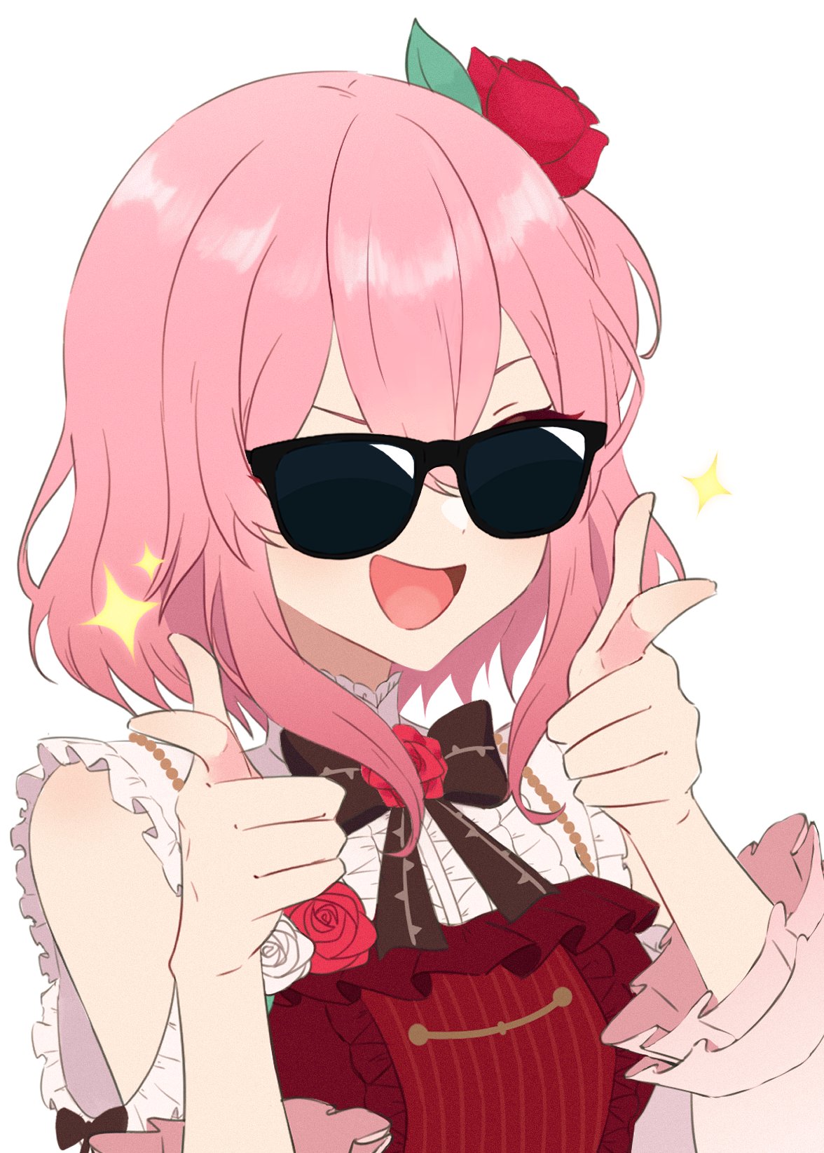 Safebooru - 1girl bare shoulders black bow black bowtie bow bowtie clothing cutout finger gun ...