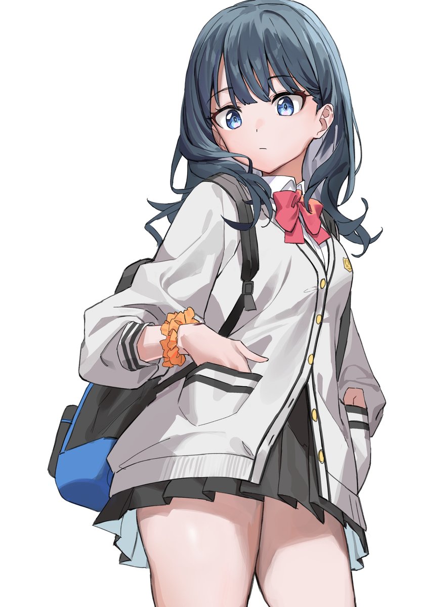 Safebooru - 1girl bag black hair black skirt blue eyes bow bowtie cardigan closed mouth gridman ...