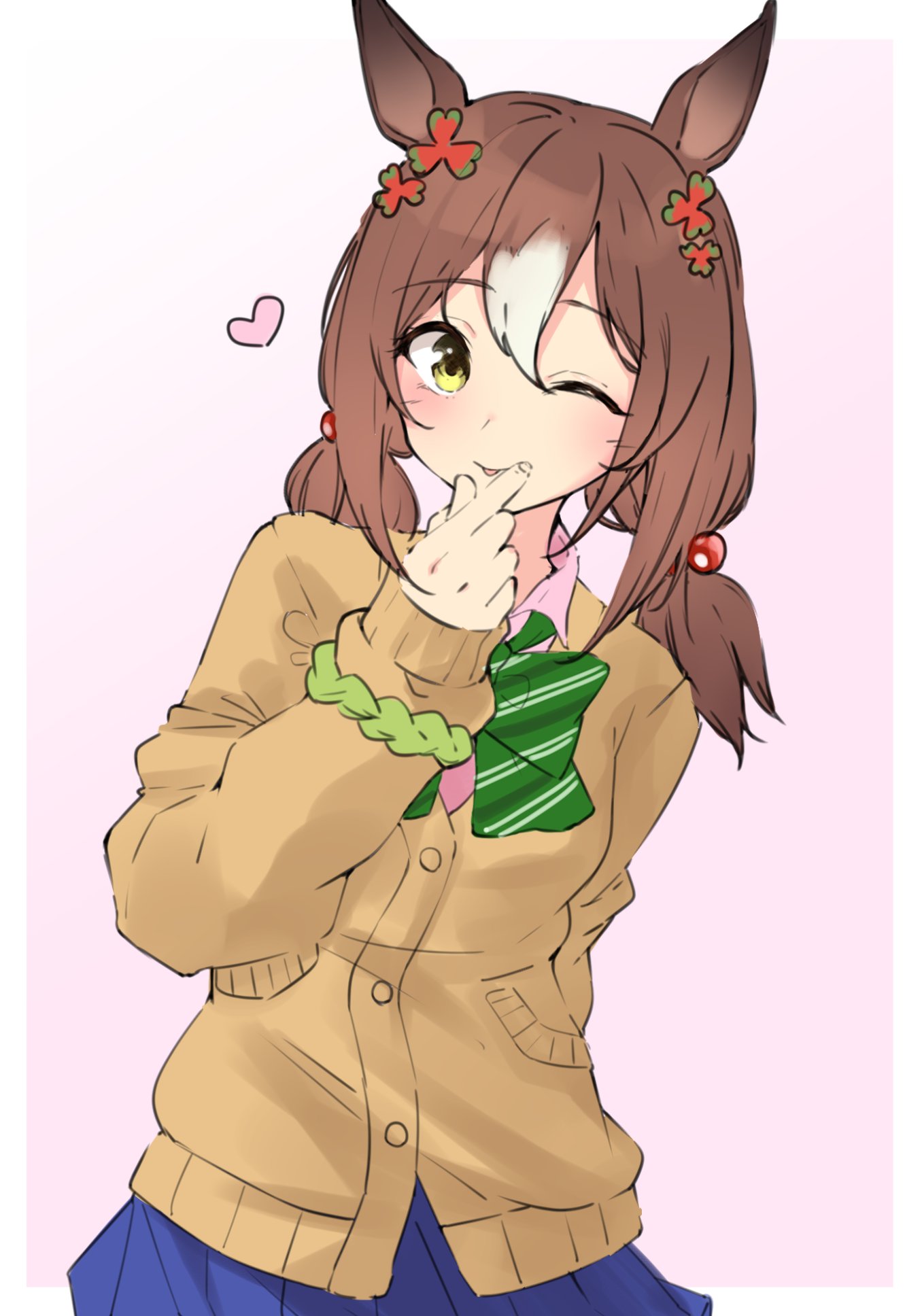 Safebooru - 1girl ;p blue skirt bow bowtie brown cardigan brown hair cardigan clover hair ...