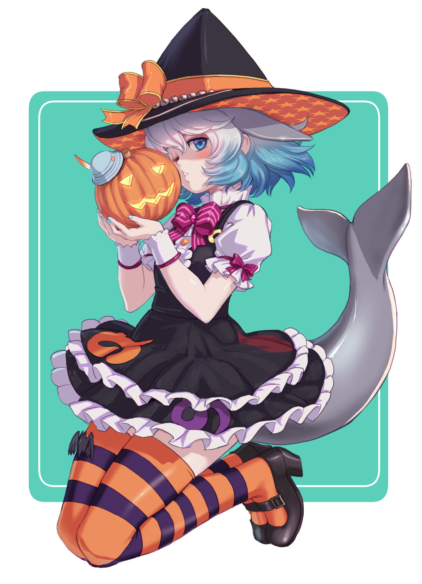 Safebooru - 1girl alternate costume black footwear black headwear blue hair bow cetacean tail ...