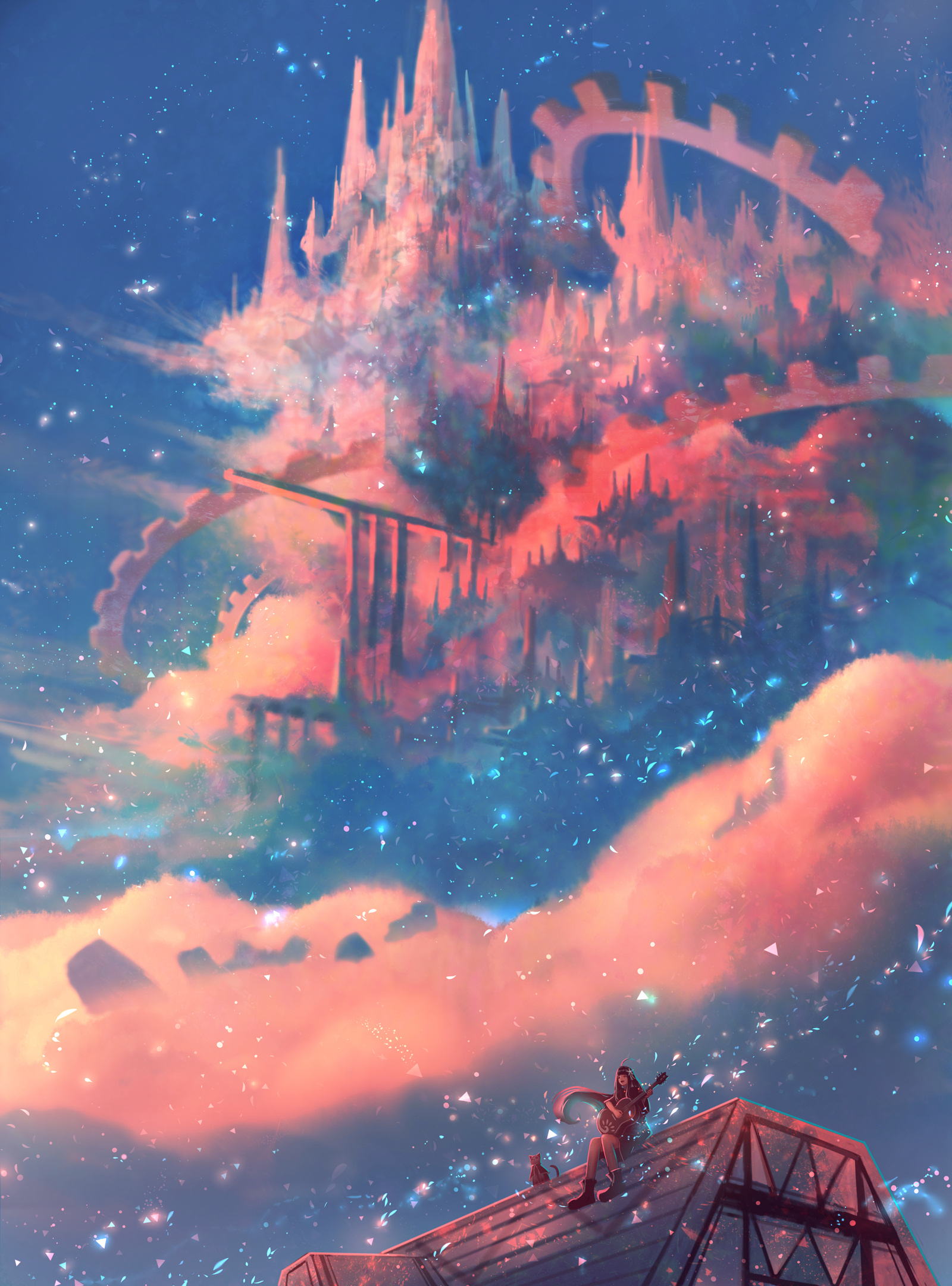 Safebooru - 1girl ahoge black dress black footwear black hair blue sky ...