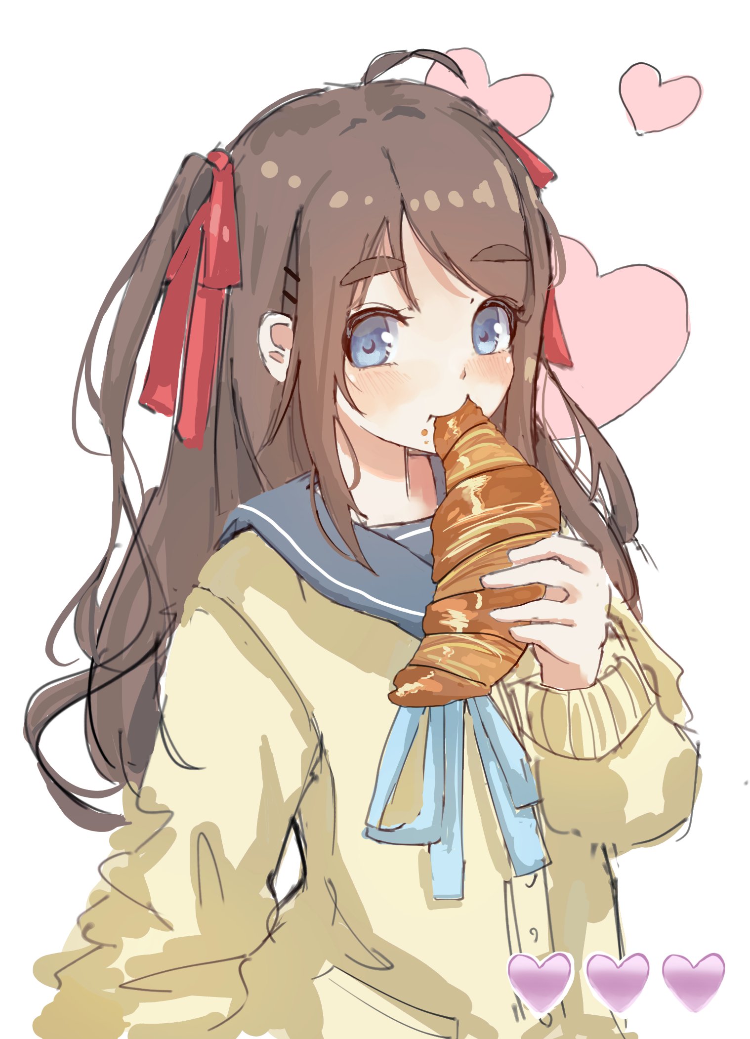 Safebooru - 1girl ahoge blue eyes blue sailor collar blush bread brown hair cardigan croissant ...
