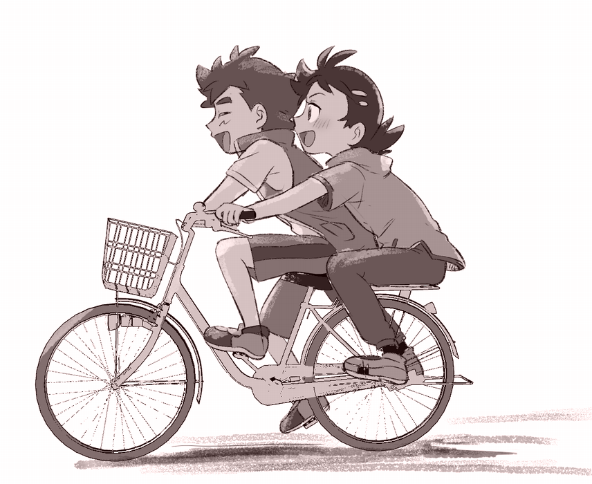 Safebooru - 2boys :d antenna hair ash ketchum bicycle bicycle basket ...