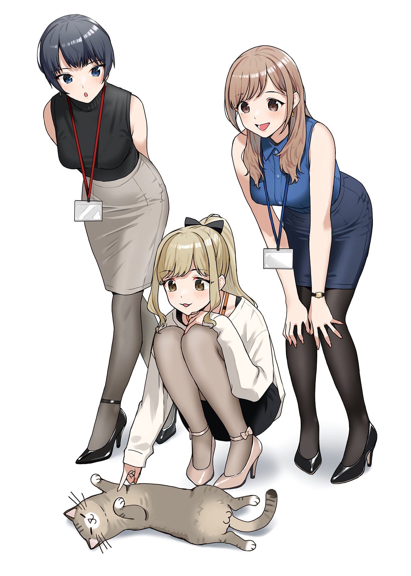 Safebooru - 3girls animal arms behind back bare shoulders black bow black footwear black hair ...