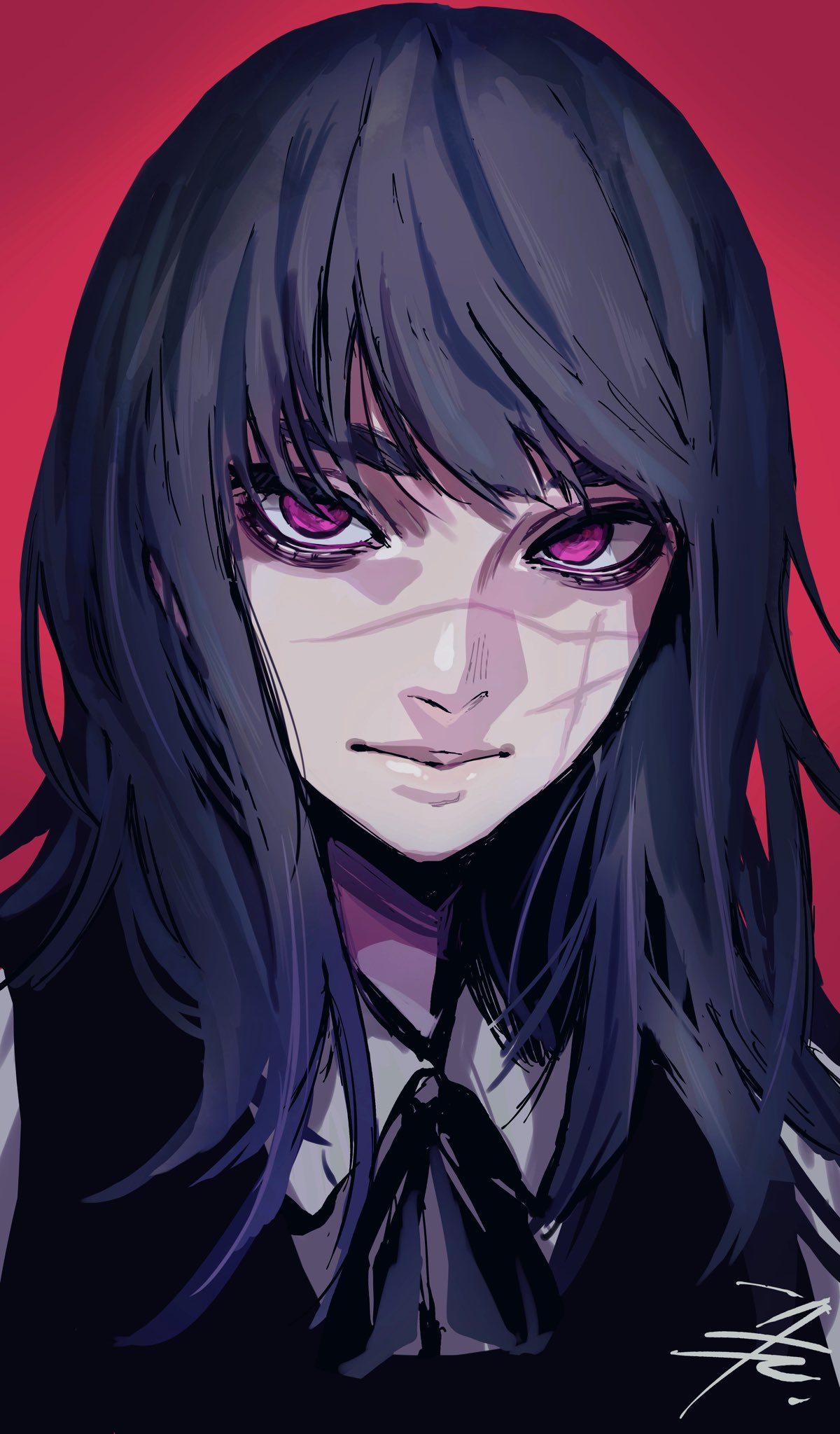 Safebooru - 1girl black hair chainsaw man cross scar dress fourth east high school uniform ...