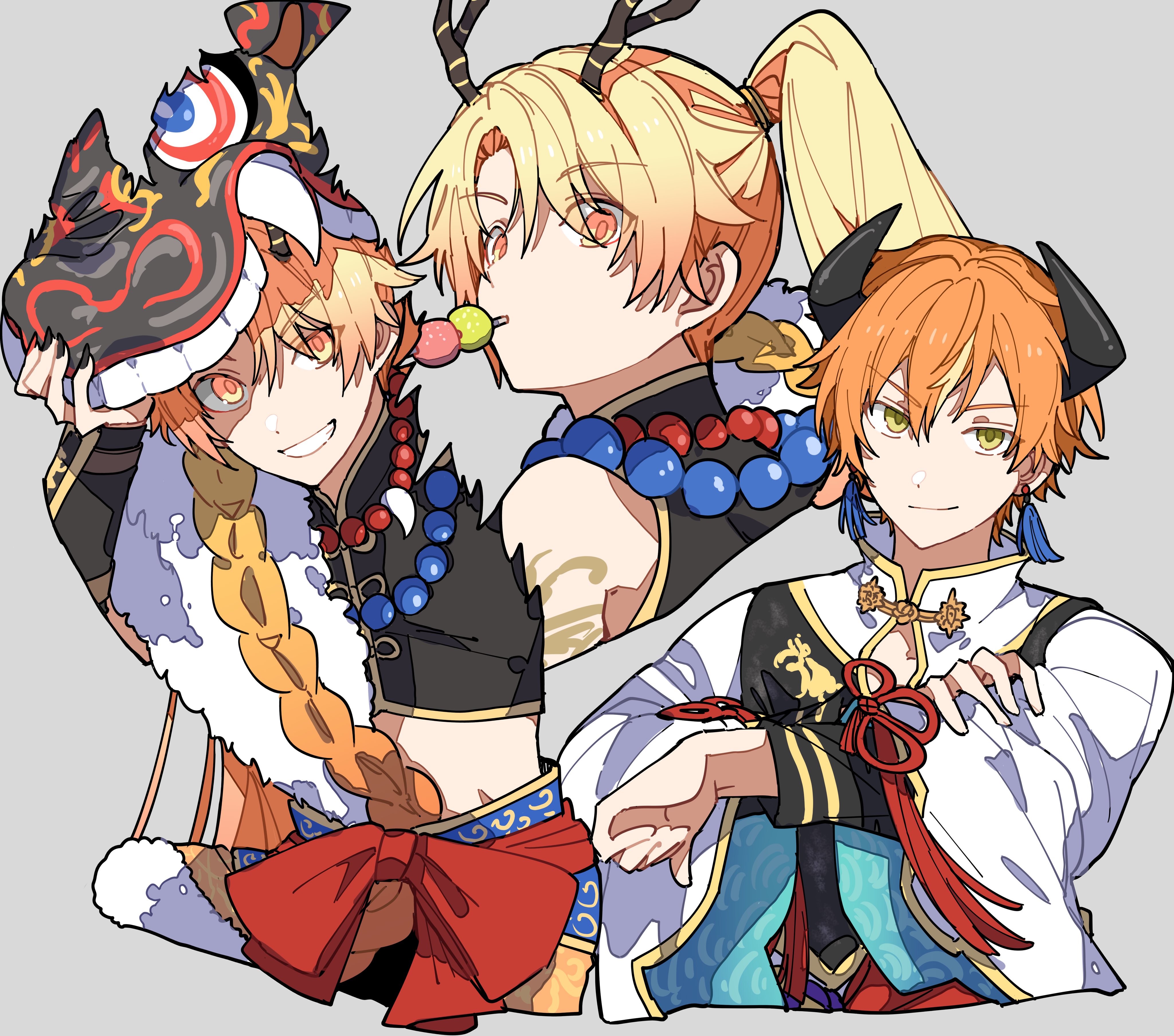 Safebooru - 2boys absurdres antlers bead necklace beads black nails black shirt blonde hair ...