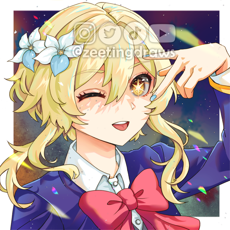 Safebooru - 1girl blonde hair blue jacket blue nails border bow bowtie chromatic aberration ...