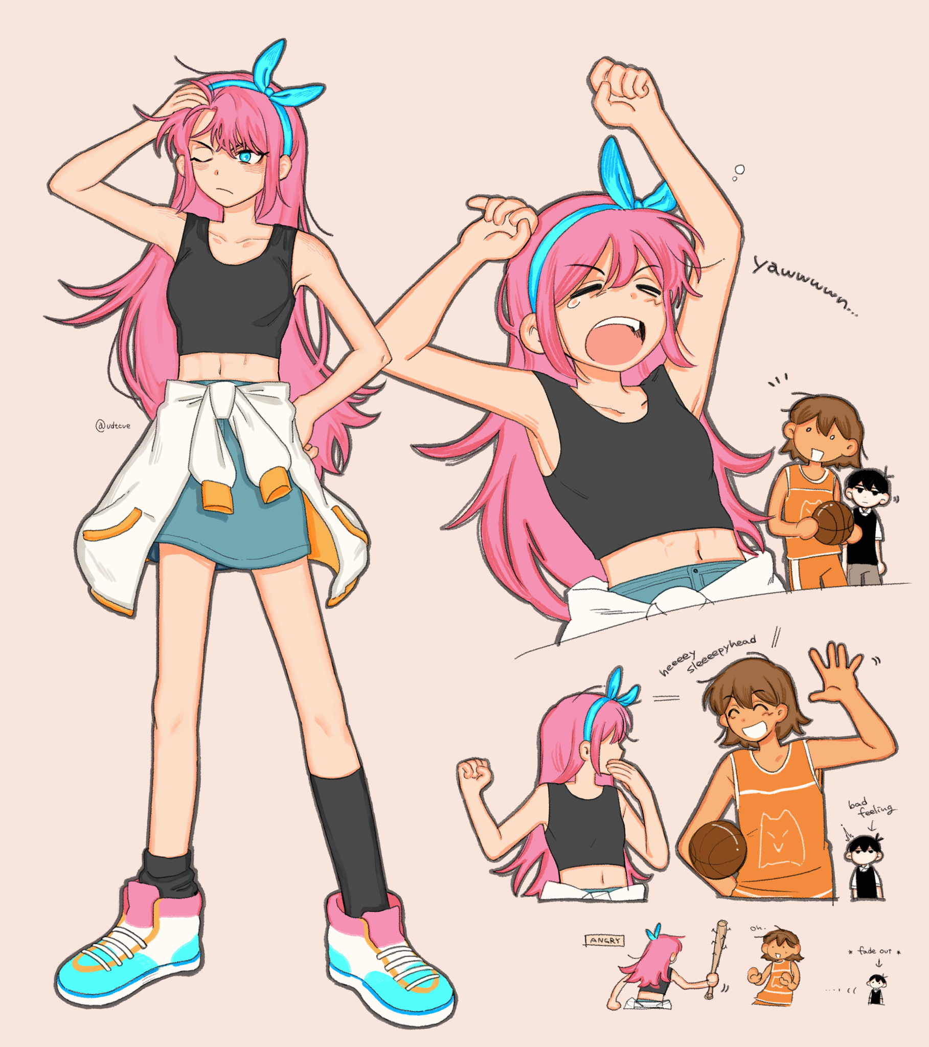 Safebooru - 1girl 2boys arm up arms up aubrey (omori) ball baseball bat basketball (object ...