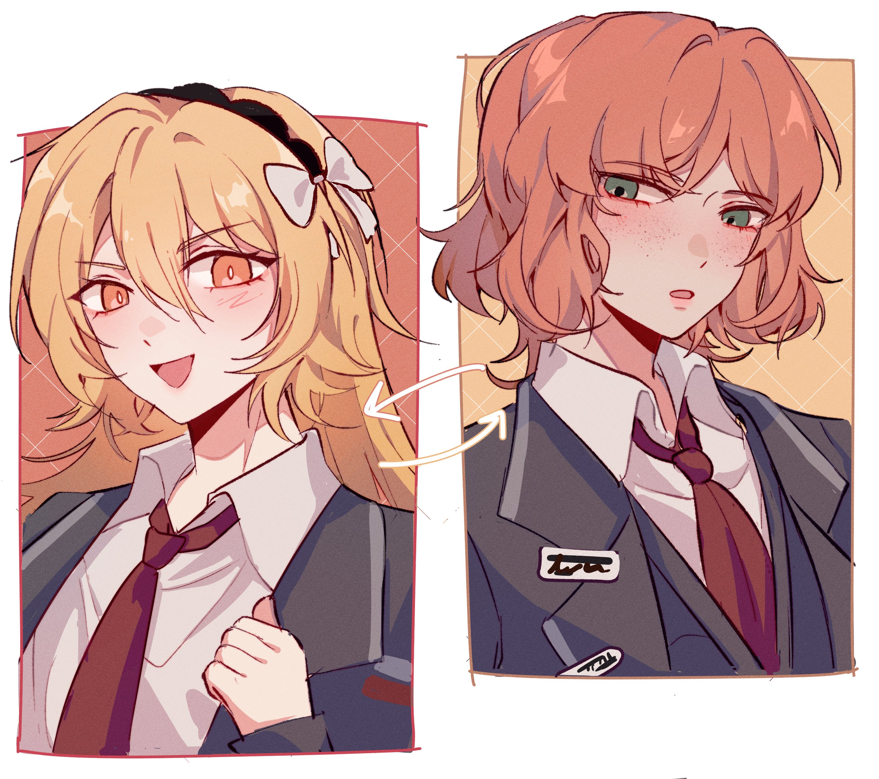 Safebooru - 2girls :d :o absurdres alternate hair length alternate hairstyle arrow (symbol ...