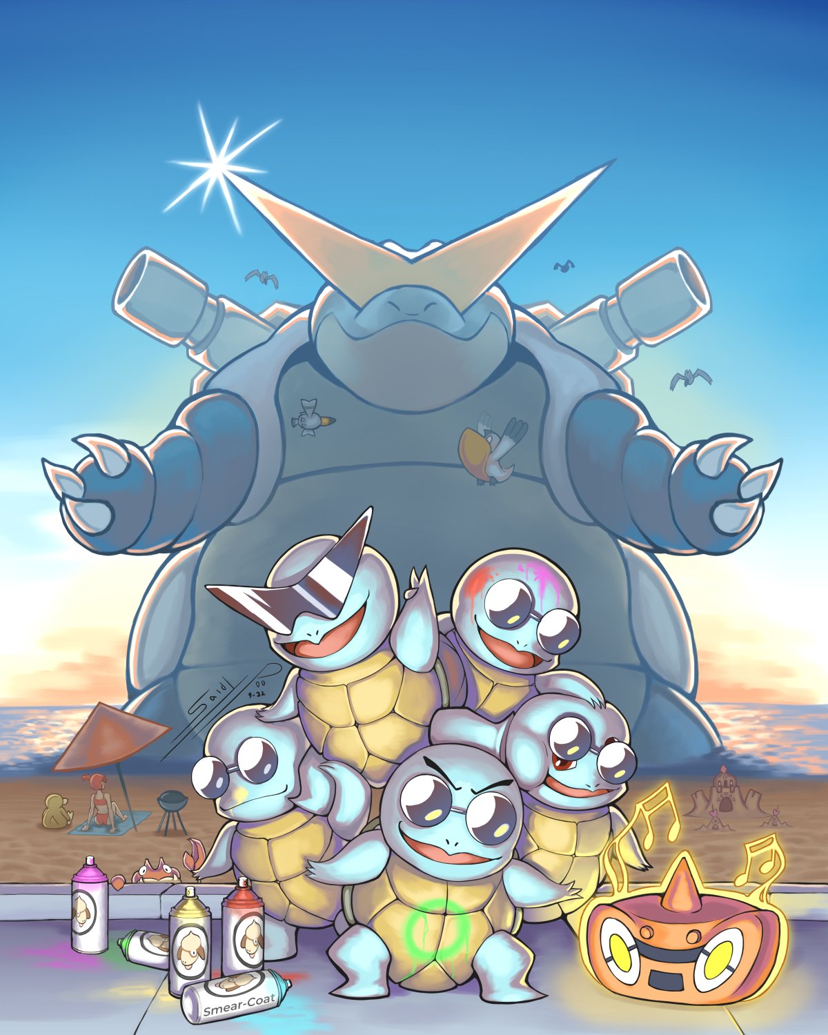Safebooru - beach blastoise blue sky clothed pokemon eyewear on head highres looking at viewer ...