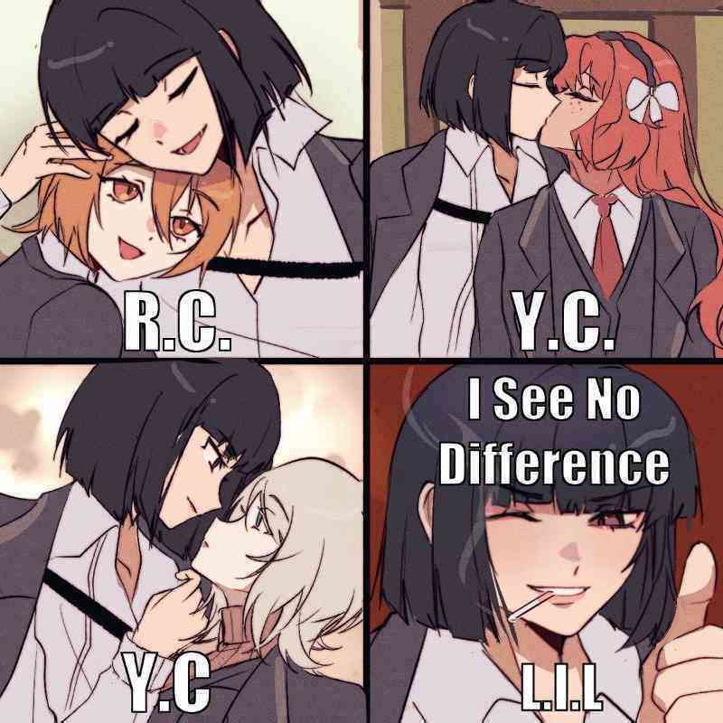 Safebooru - 4girls black hair black jacket blue eyes blunt bangs blunt ends bow brown hairband ...