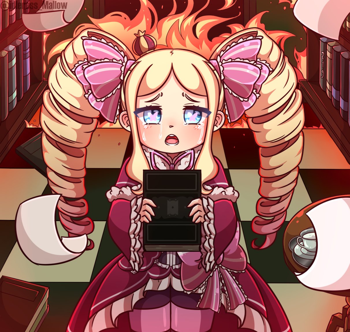 Safebooru - 1girl beatrice (re:zero) blonde hair blue eyes book bow capelet crying dress drill ...