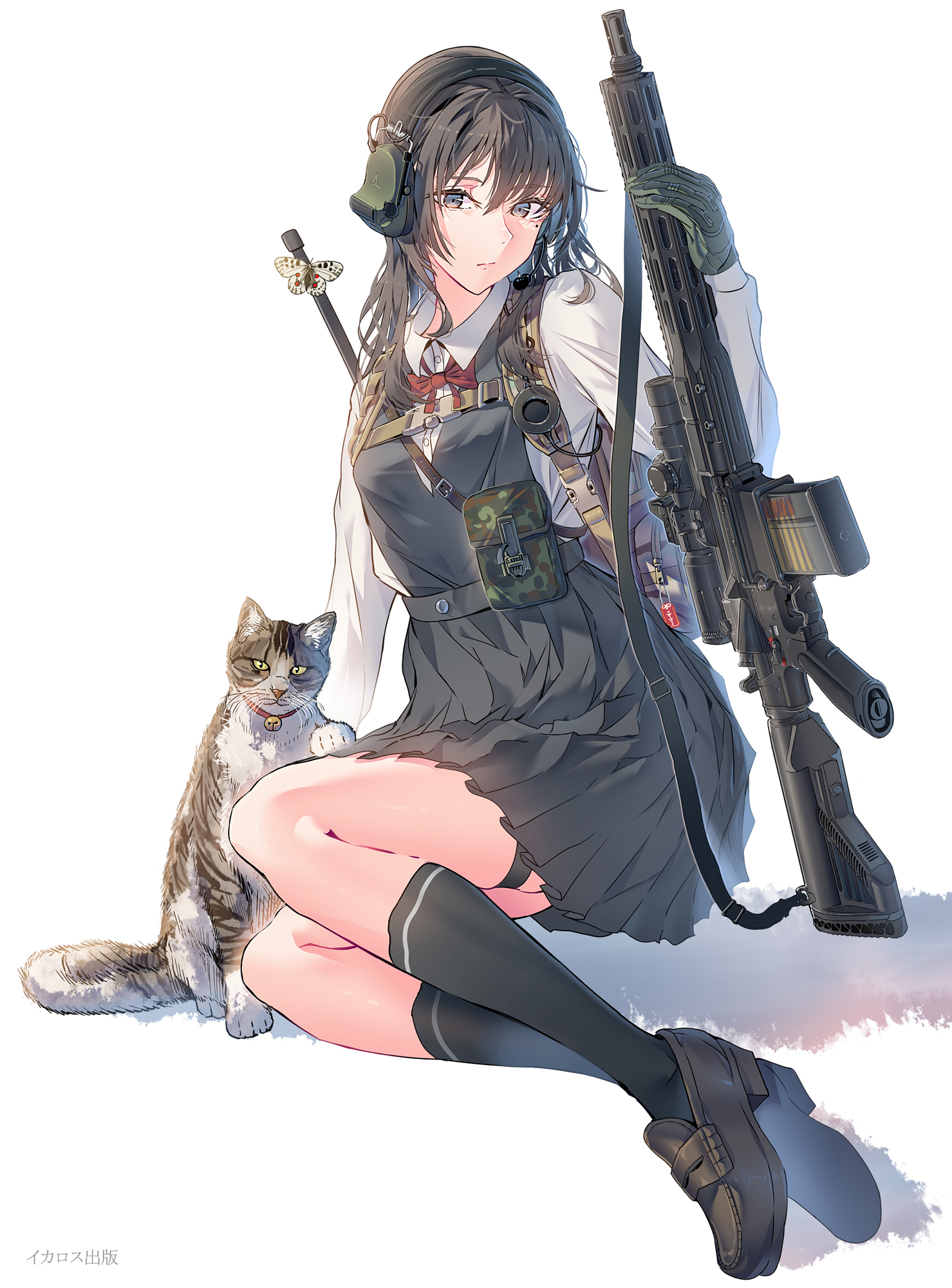 Safebooru - 1girl battle rifle black dress black socks brown eyes brown footwear brown hair ...