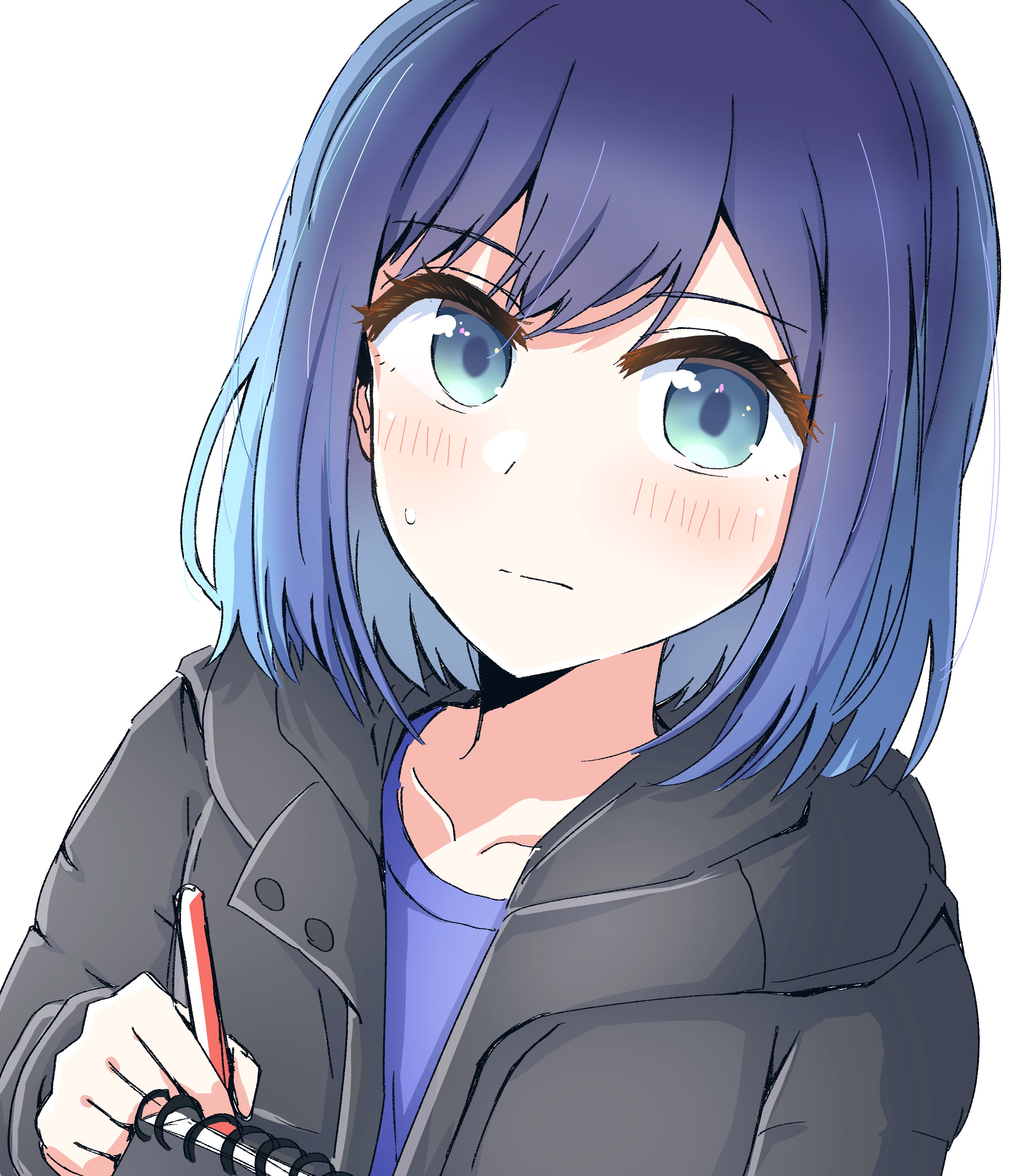 Safebooru - 1girl absurdres black jacket blue eyes blue hair blue shirt blush highres holding ...