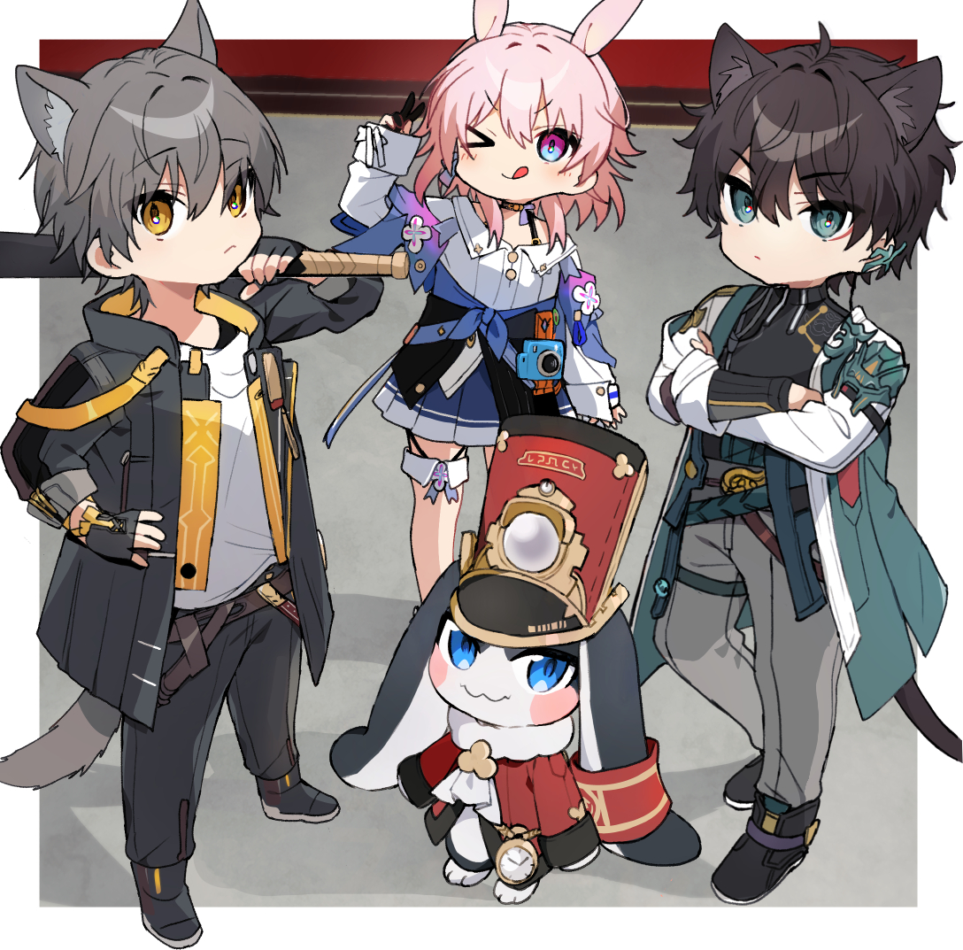 Safebooru - > o 1girl 2boys animal ears black hair black pants blue ...