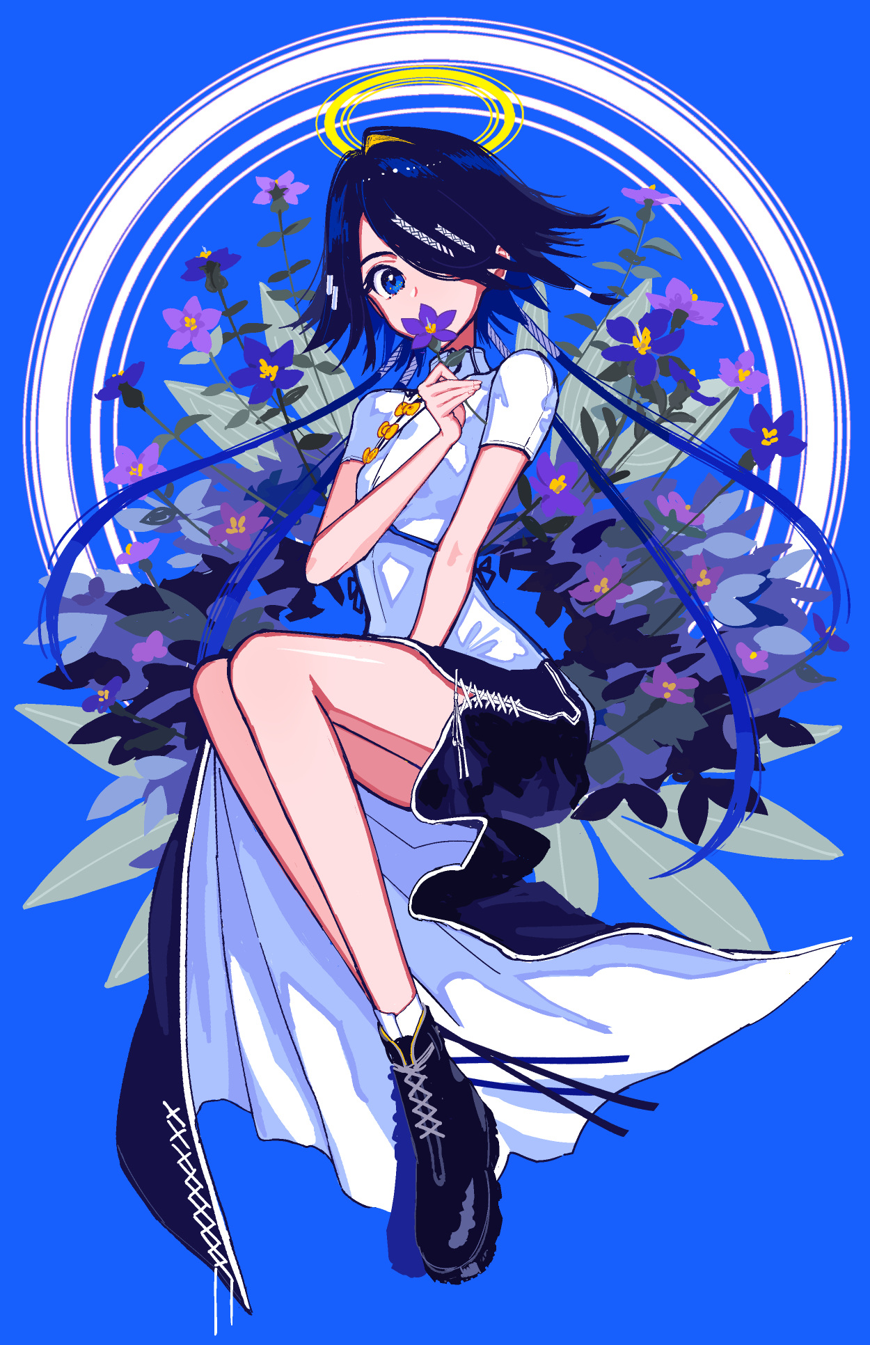 Safebooru - 1girl between legs black footwear black hair black shorts black skirt blue ...