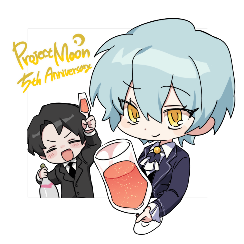Safebooru - 1boy 1girl alcohol angela (project moon) anniversary arm up ascot bbunny black hair ...