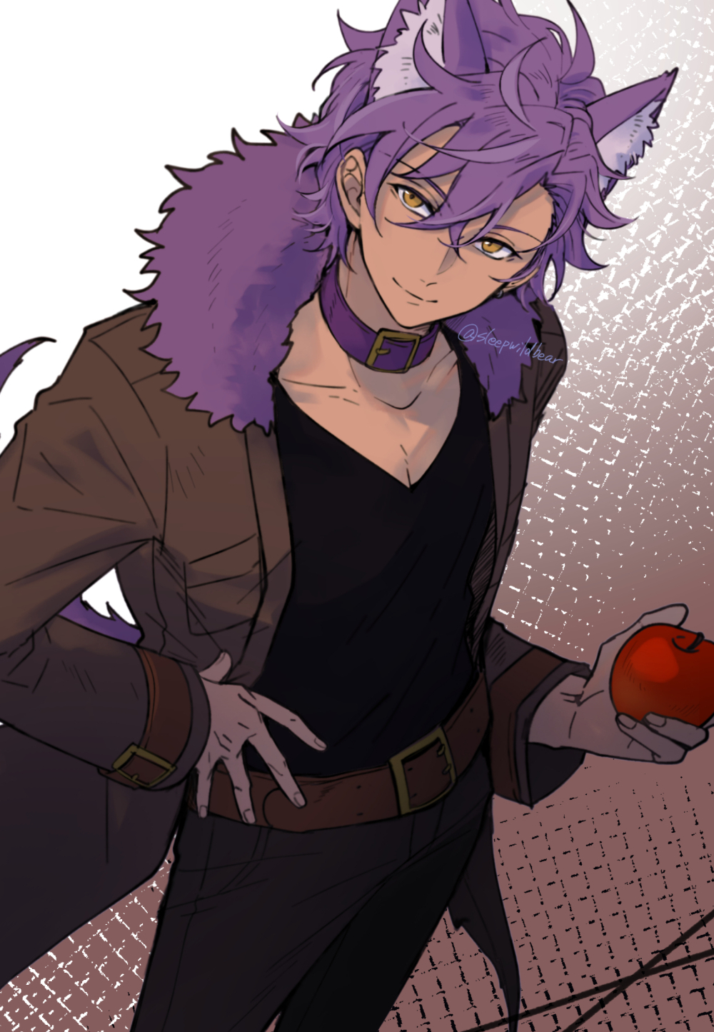 Safebooru - 1boy animal ear fluff animal ears apple artist name belt belt buckle black pants ...