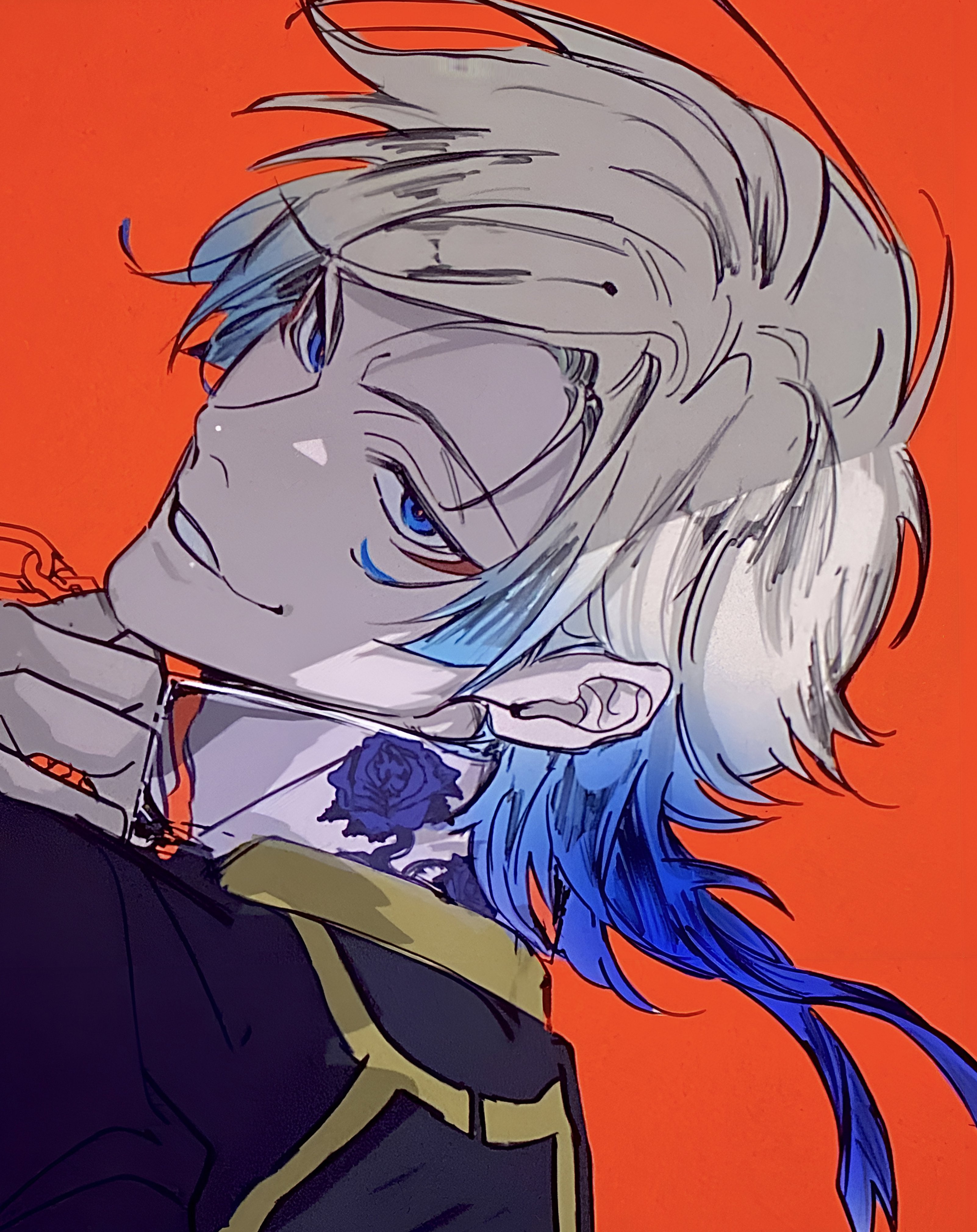 Safebooru - 1boy absurdres black shirt blue eyes blue hair blue lock bo toike57 collar collared ...