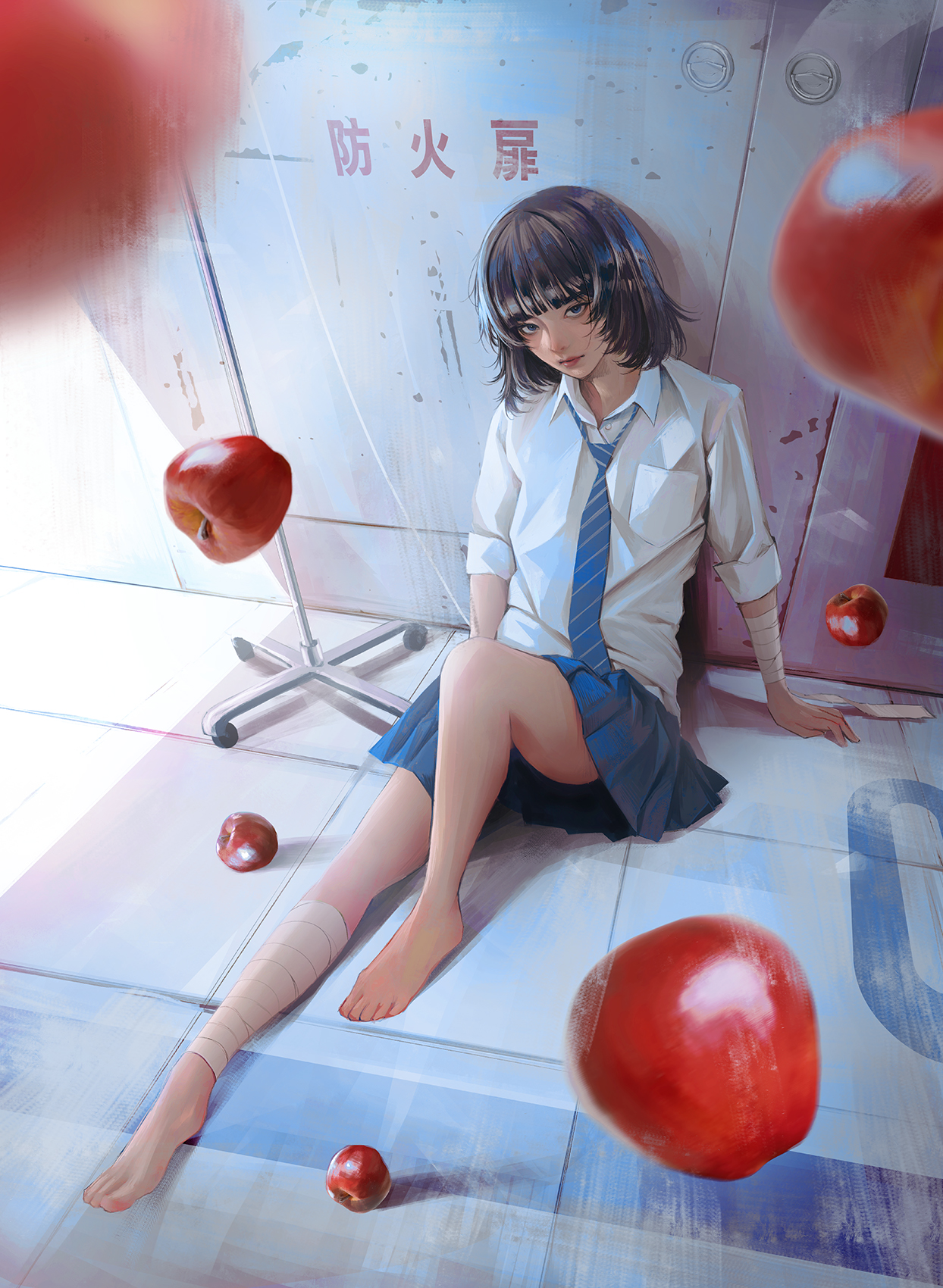 Safebooru - 1girl apple bandaged hand bandaged leg bandages barefoot black eyes black hair black ...