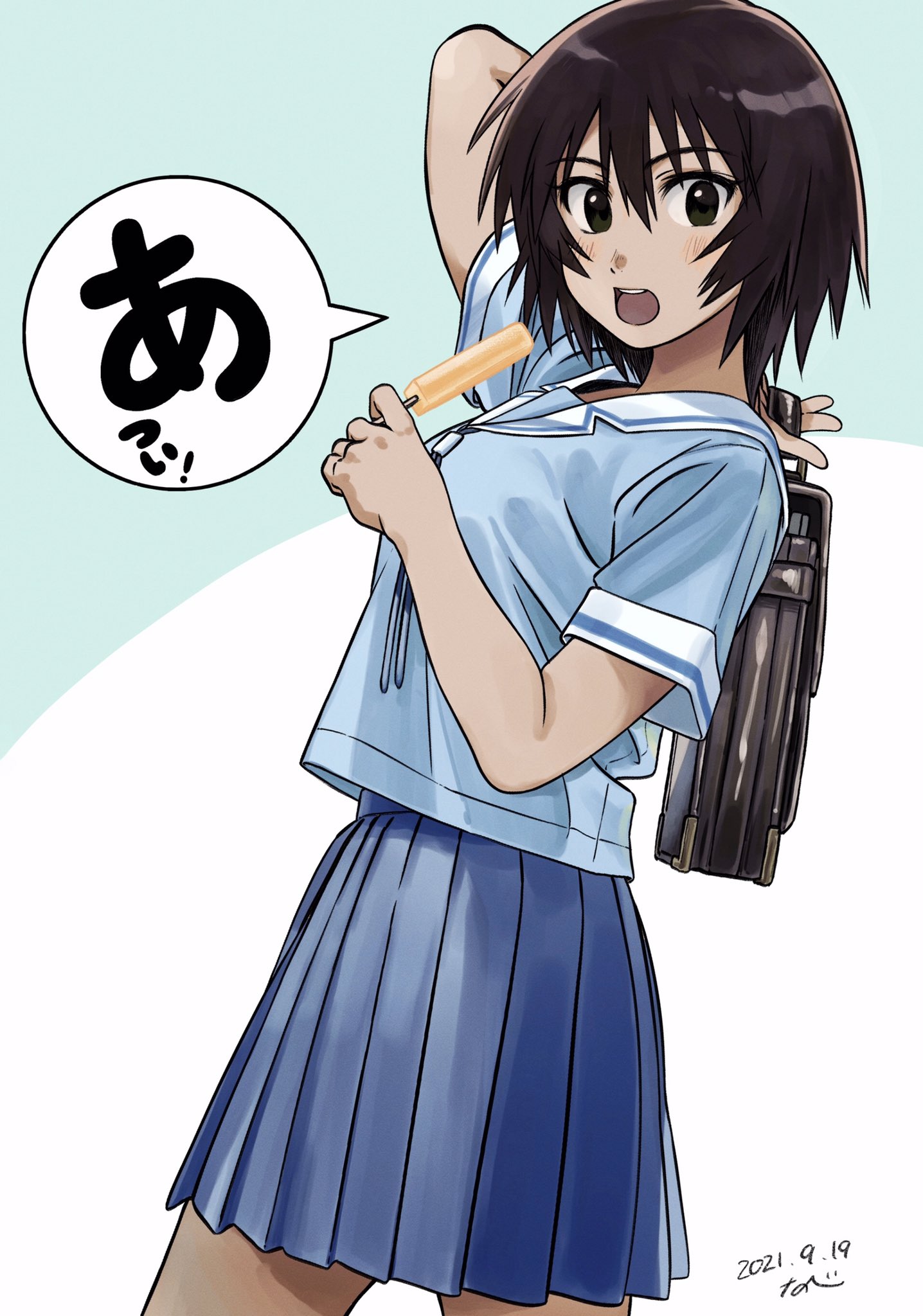 Safebooru - 1girl :o aqua background arm up artist name azumanga daioh azumanga daioh's school ...