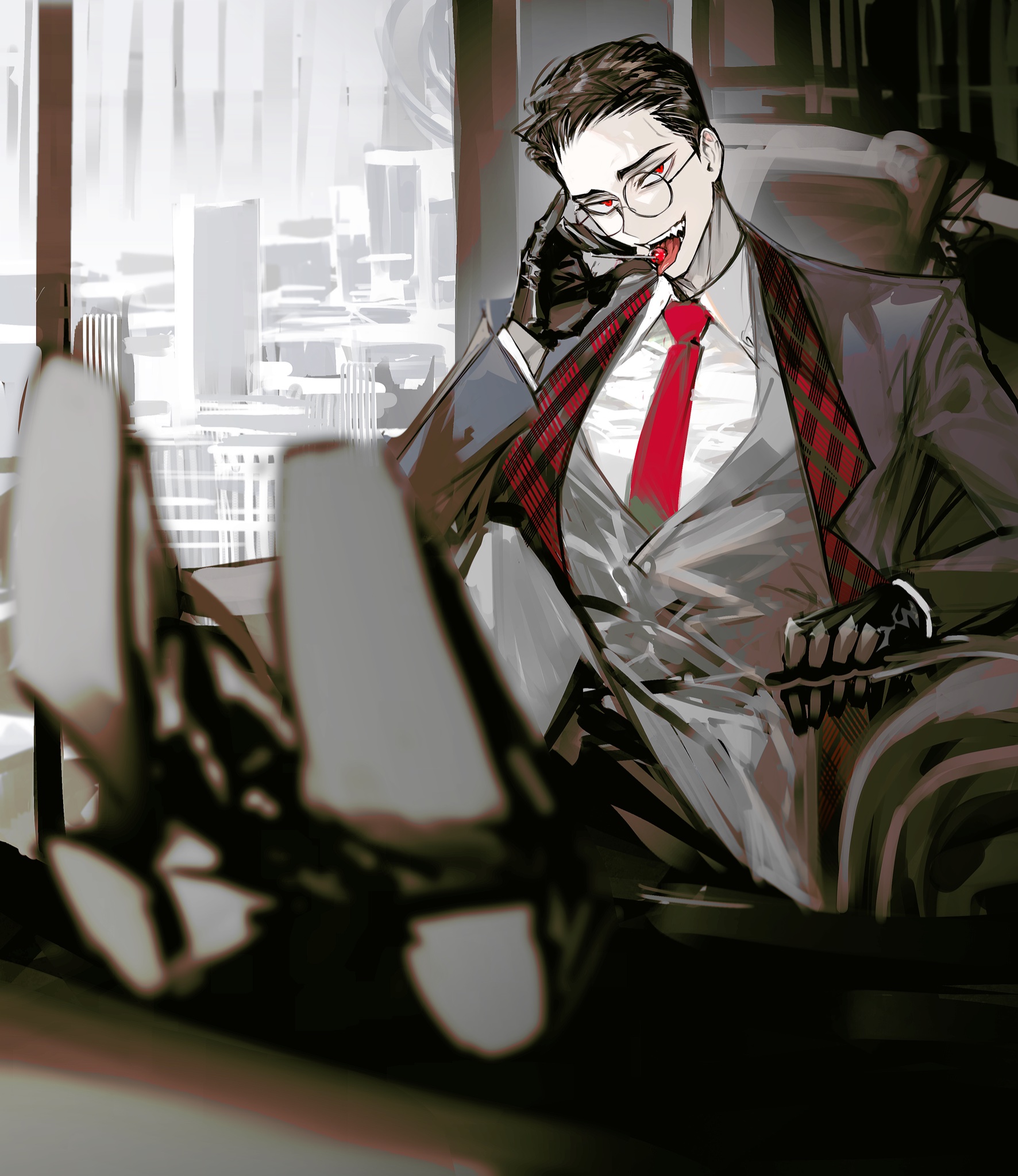 Safebooru - 1boy armchair black footwear black gloves black jacket ...