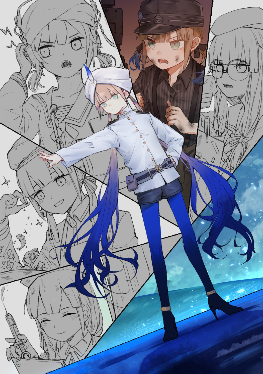 Safebooru - 2boys 4girls baker nemo (fate) belt belt pouch beret black headwear black shorts ...