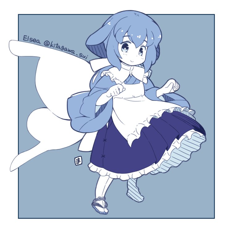 Safebooru - 1girl apron blue background blue dress blue eyes blue hair border closed mouth dress ...