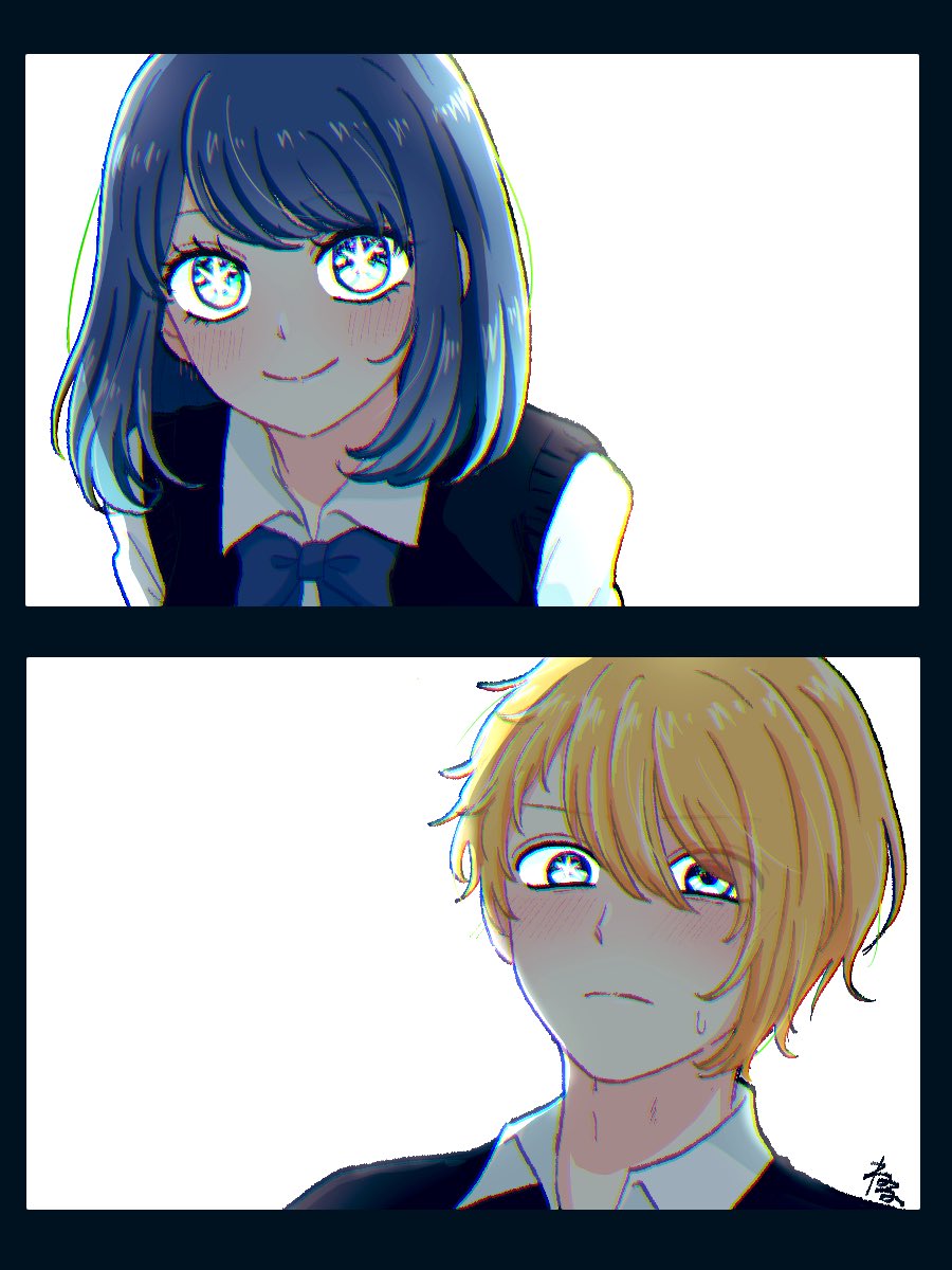Safebooru - 1boy 1girl black sweater vest blonde hair blue bow blue bowtie blue eyes blue hair ...