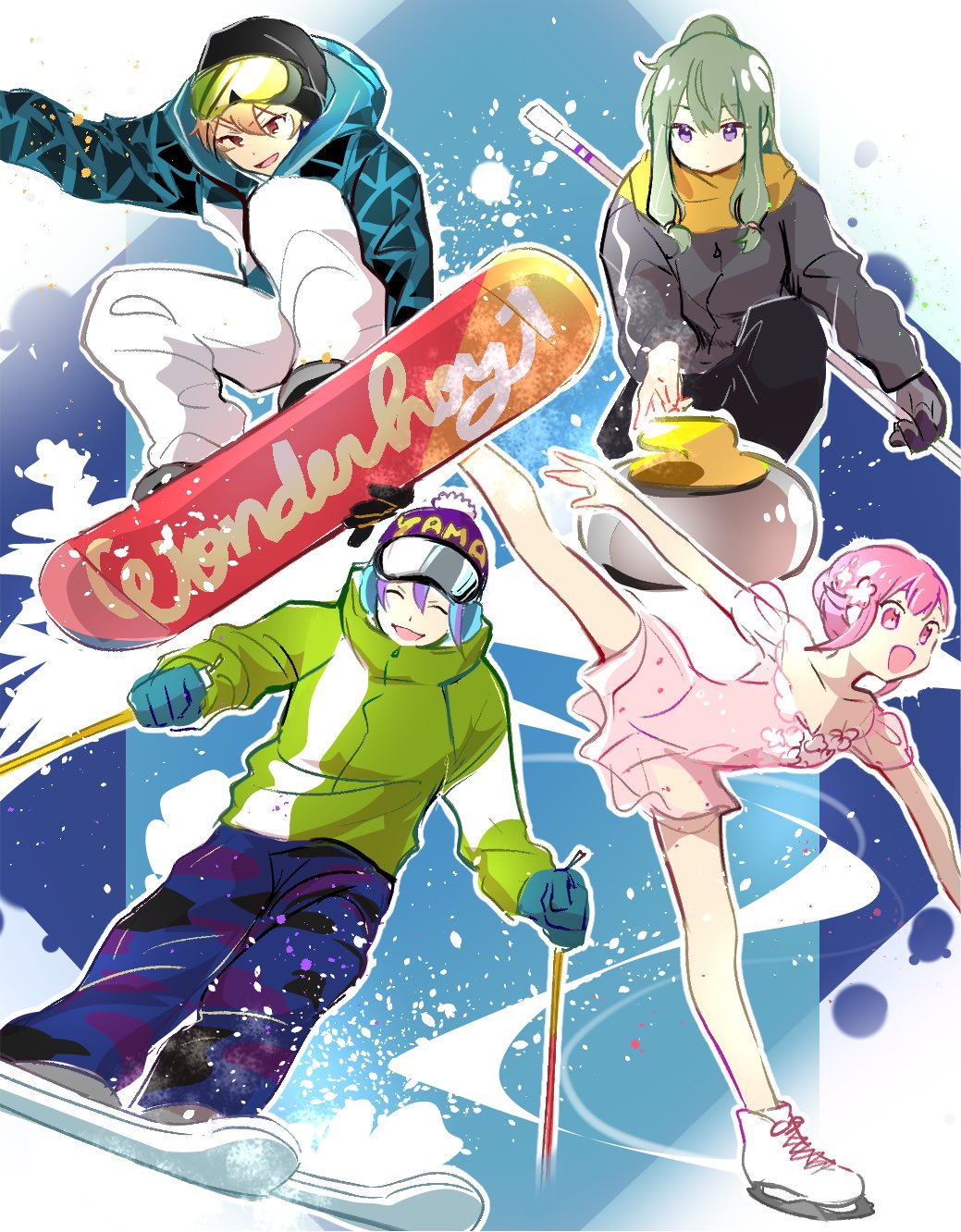 Safebooru - 2boys 2girls aqua hair closed eyes commentary request full body gloves goggles ...