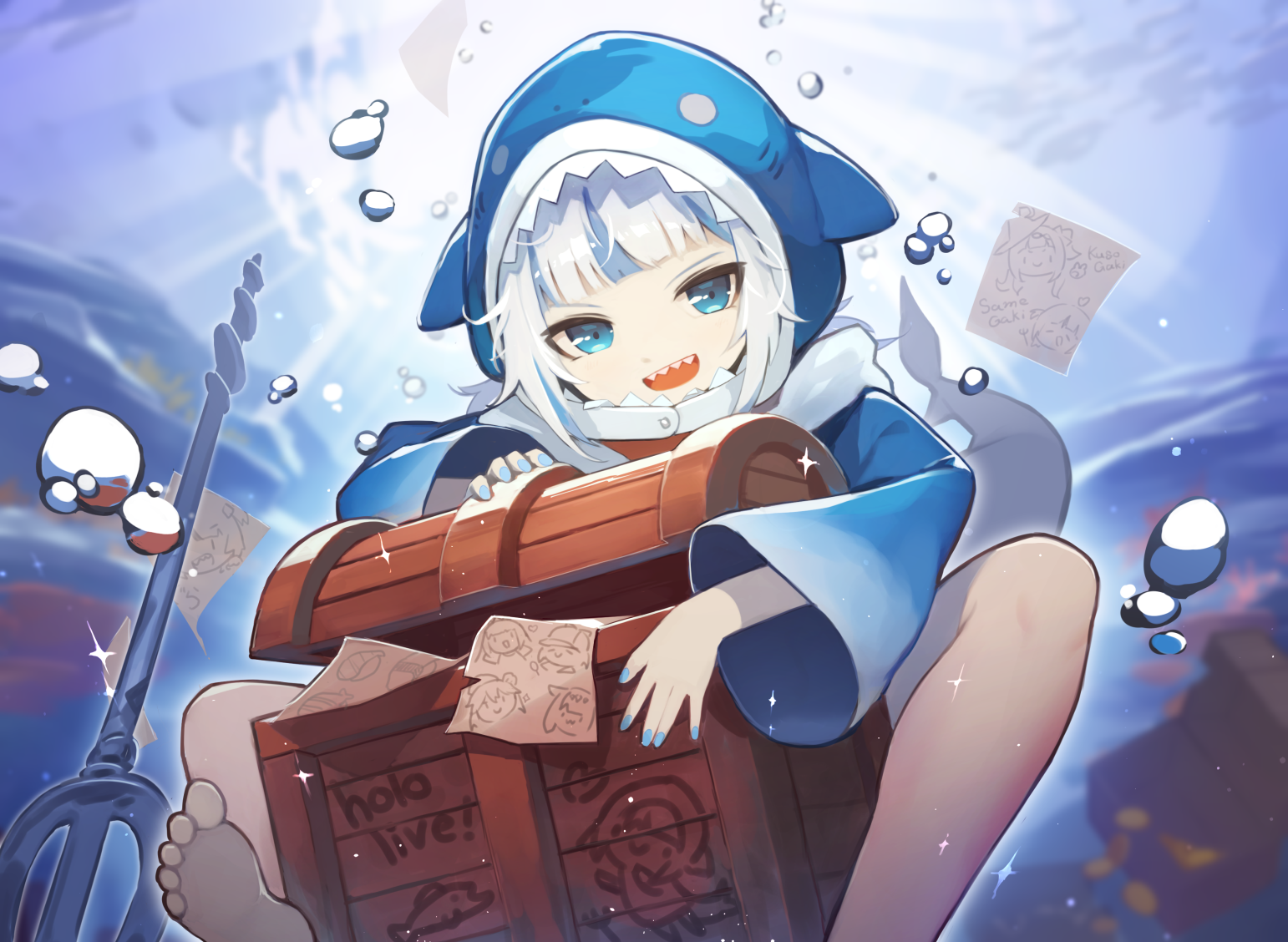 Safebooru - 1girl :d animal hood barefoot blue eyes blue hair blue hoodie blue nails bubble fins ...