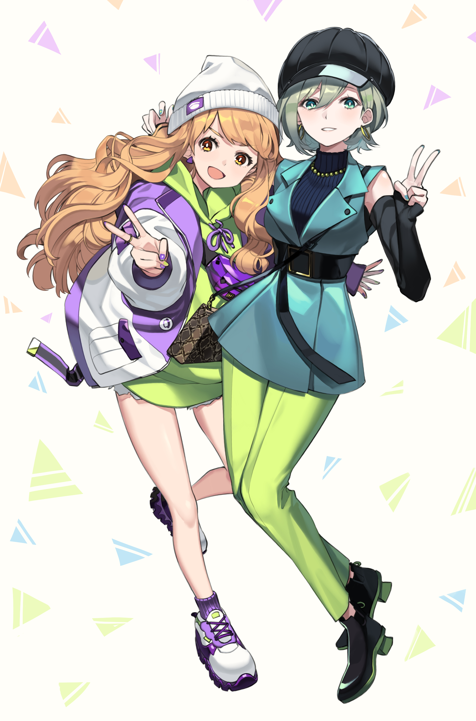 Safebooru - 2girls absurdres beanie black footwear blonde hair blue eyes blue nails doyou harue ...