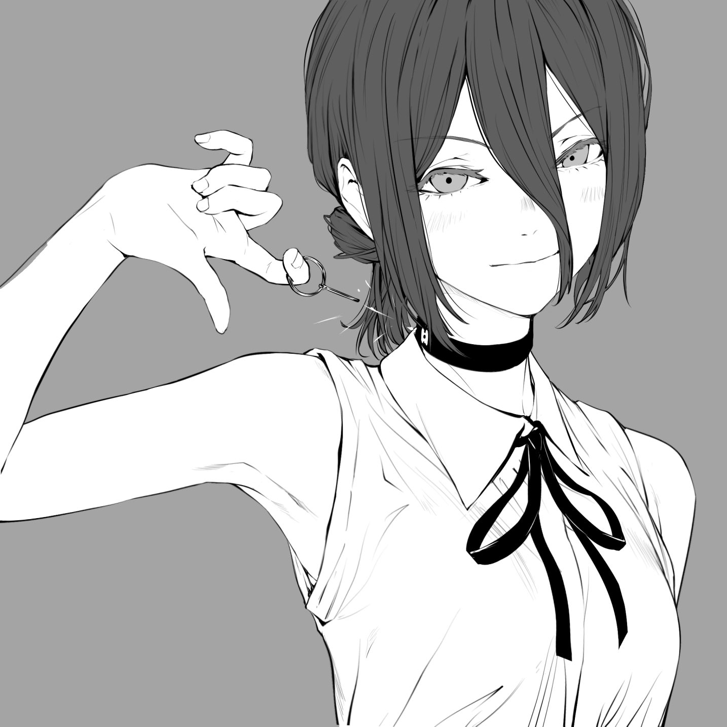Safebooru - 1girl black choker chainsaw man choker collared shirt grenade pin grey background ...