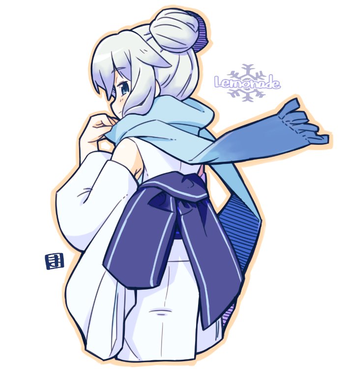 Safebooru - 1girl back blue eyes blue hair blue scarf closed mouth hair bun japanese clothes ...