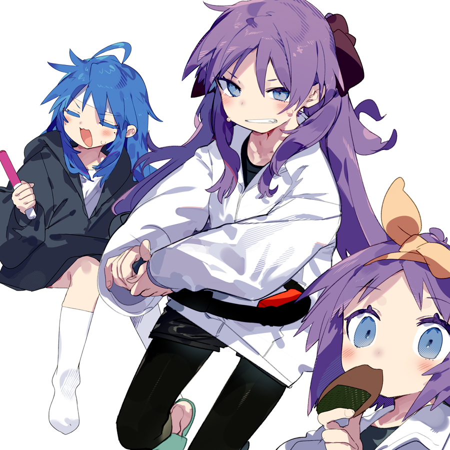 Safebooru - 3girls :3 ahoge black jacket black pants blue eyes blue hair blush bow clenched ...
