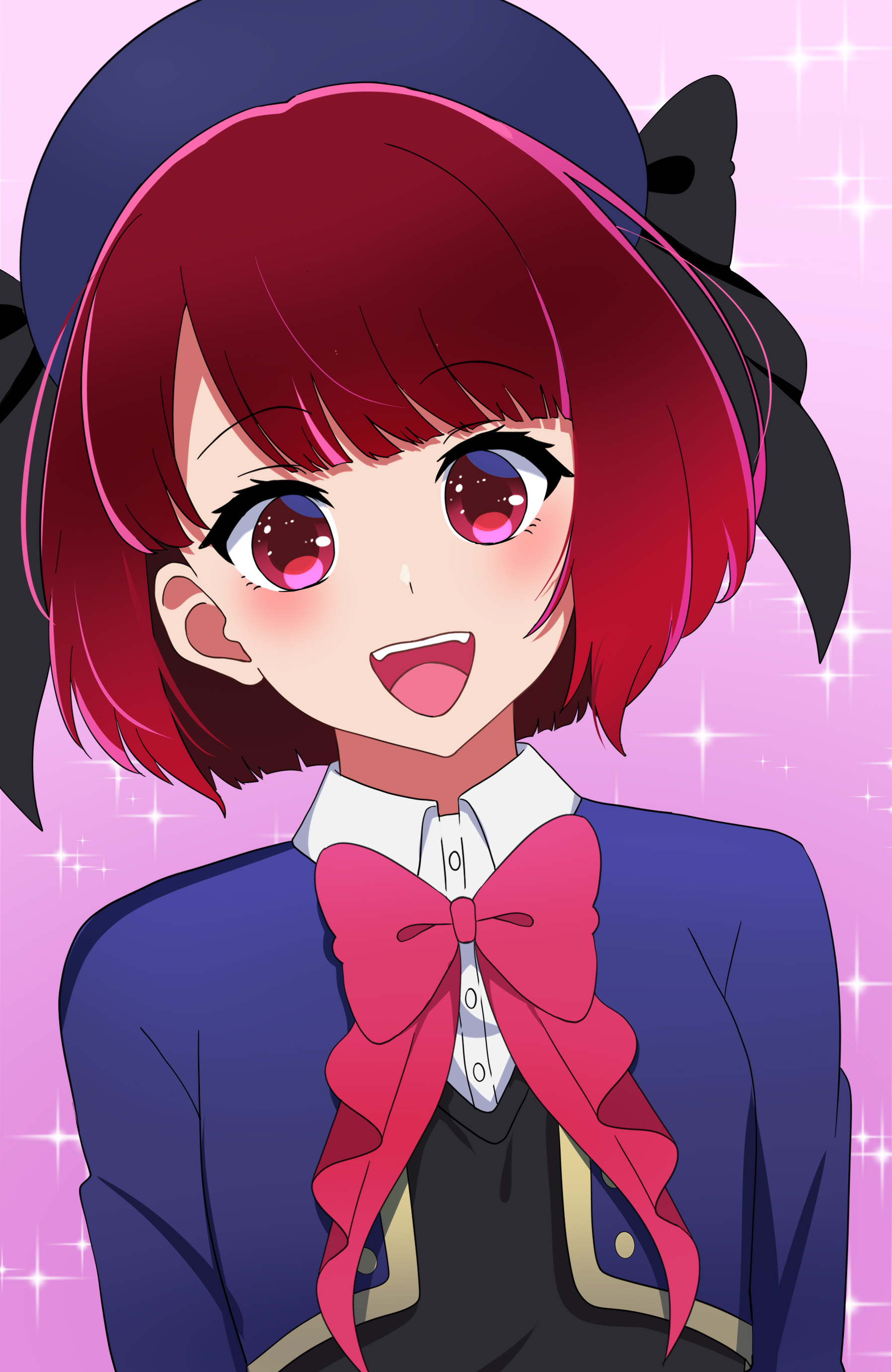 Safebooru - 1girl :d absurdres arima kana beret black ribbon black vest blue headwear blue ...