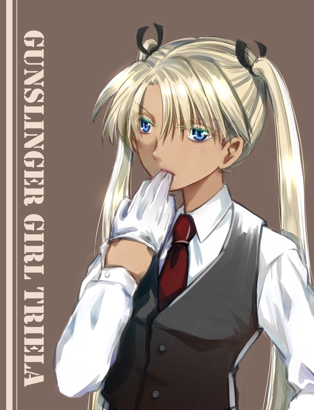 Safebooru - 1girl asymmetrical bangs black ribbon blonde hair blue eyes brown background ...