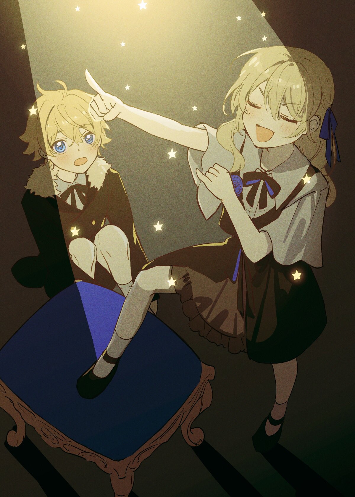 Safebooru - 1boy 1girl :d blonde hair blue eyes blue ribbon brother and sister closed eyes fur ...