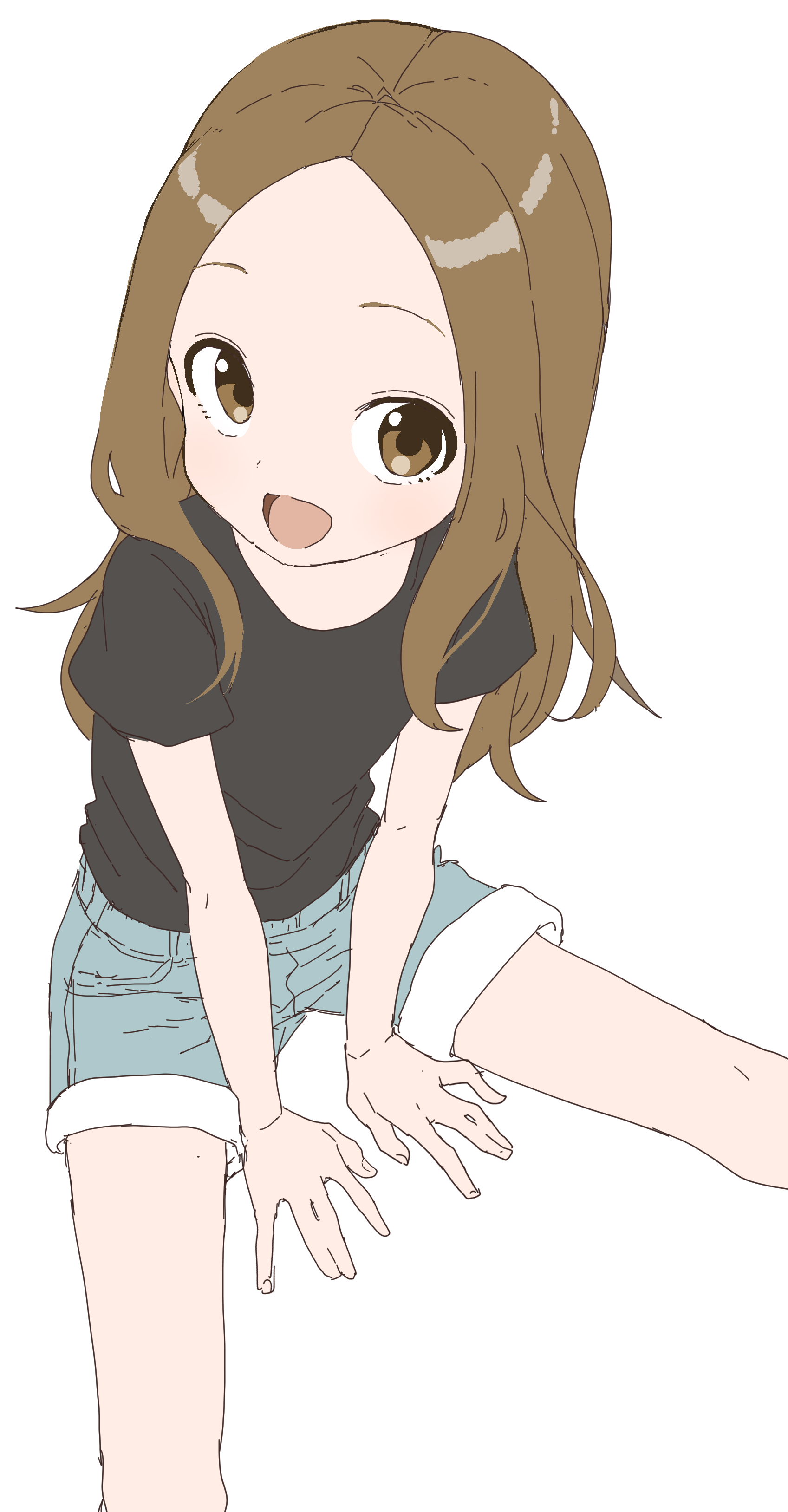 Safebooru - 1girl :d absurdres black shirt blue shorts brown eyes brown hair commentary request ...