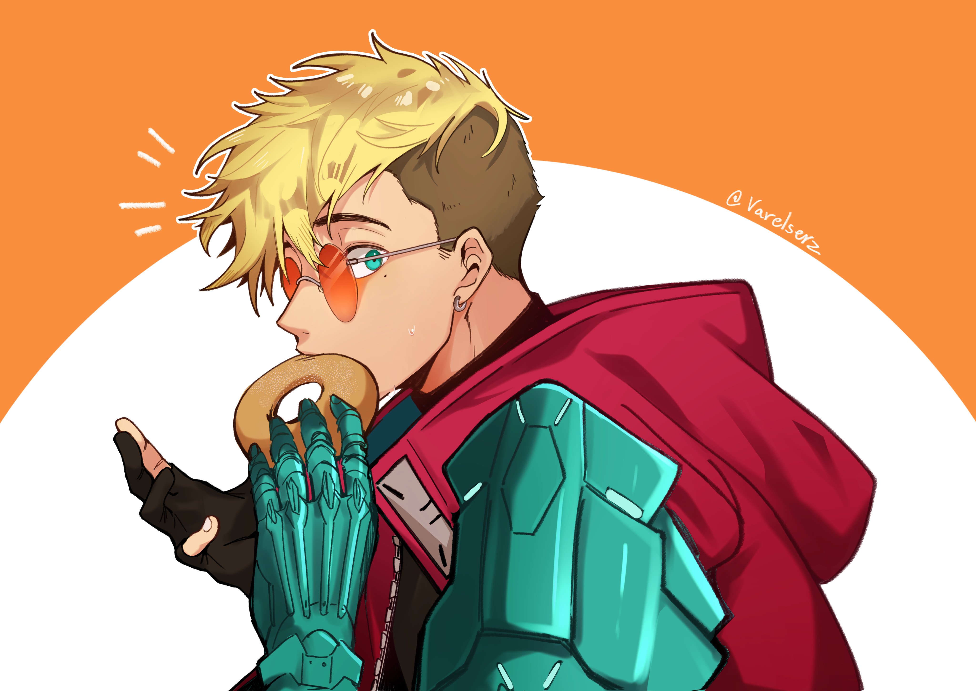 Safebooru - 1boy absurdres black gloves black shirt blonde hair blue eyes doughnut earrings ...