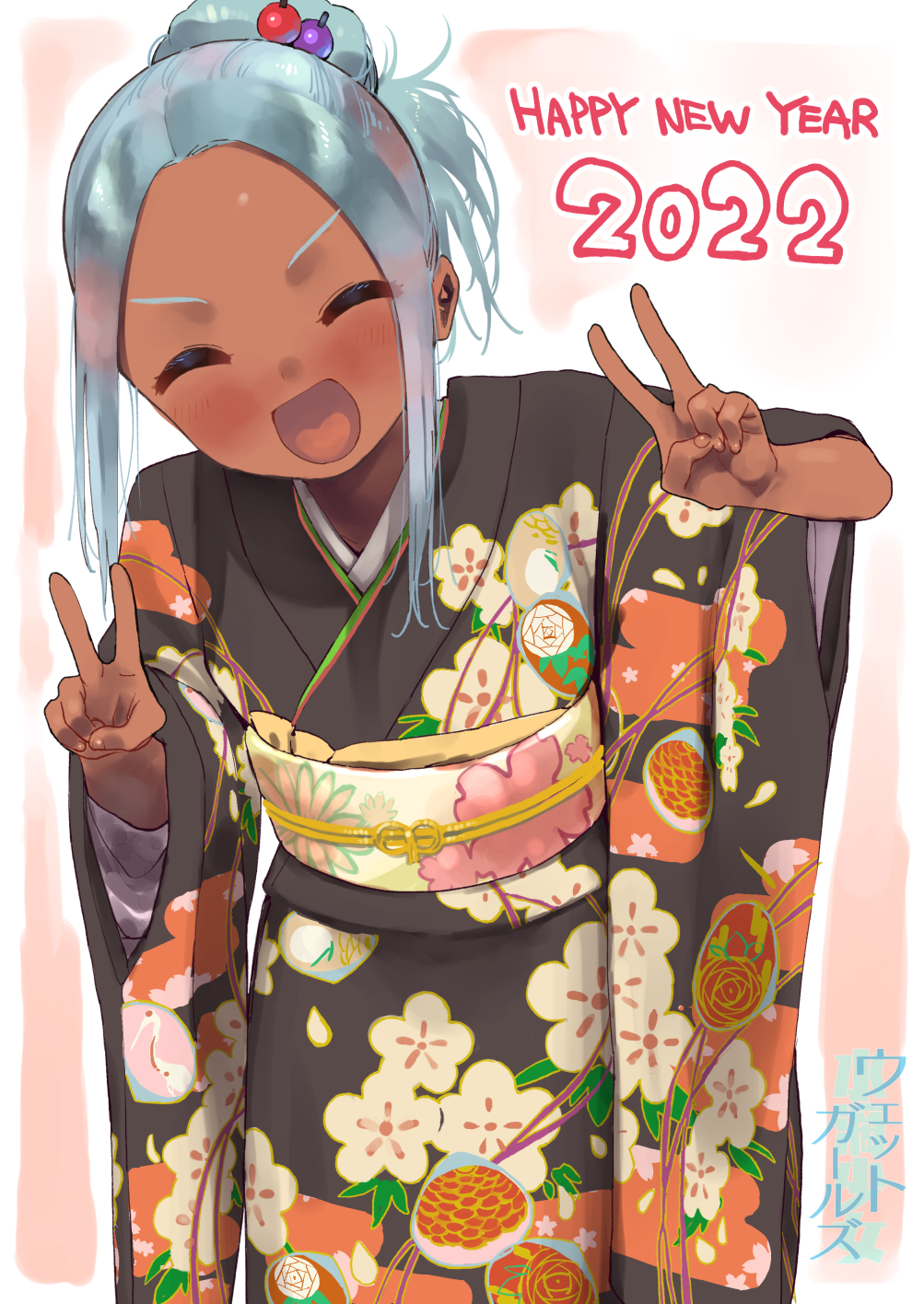 Safebooru - 1girl 2022 black kimono blue hair blush closed eyes commentary request cowboy shot ...