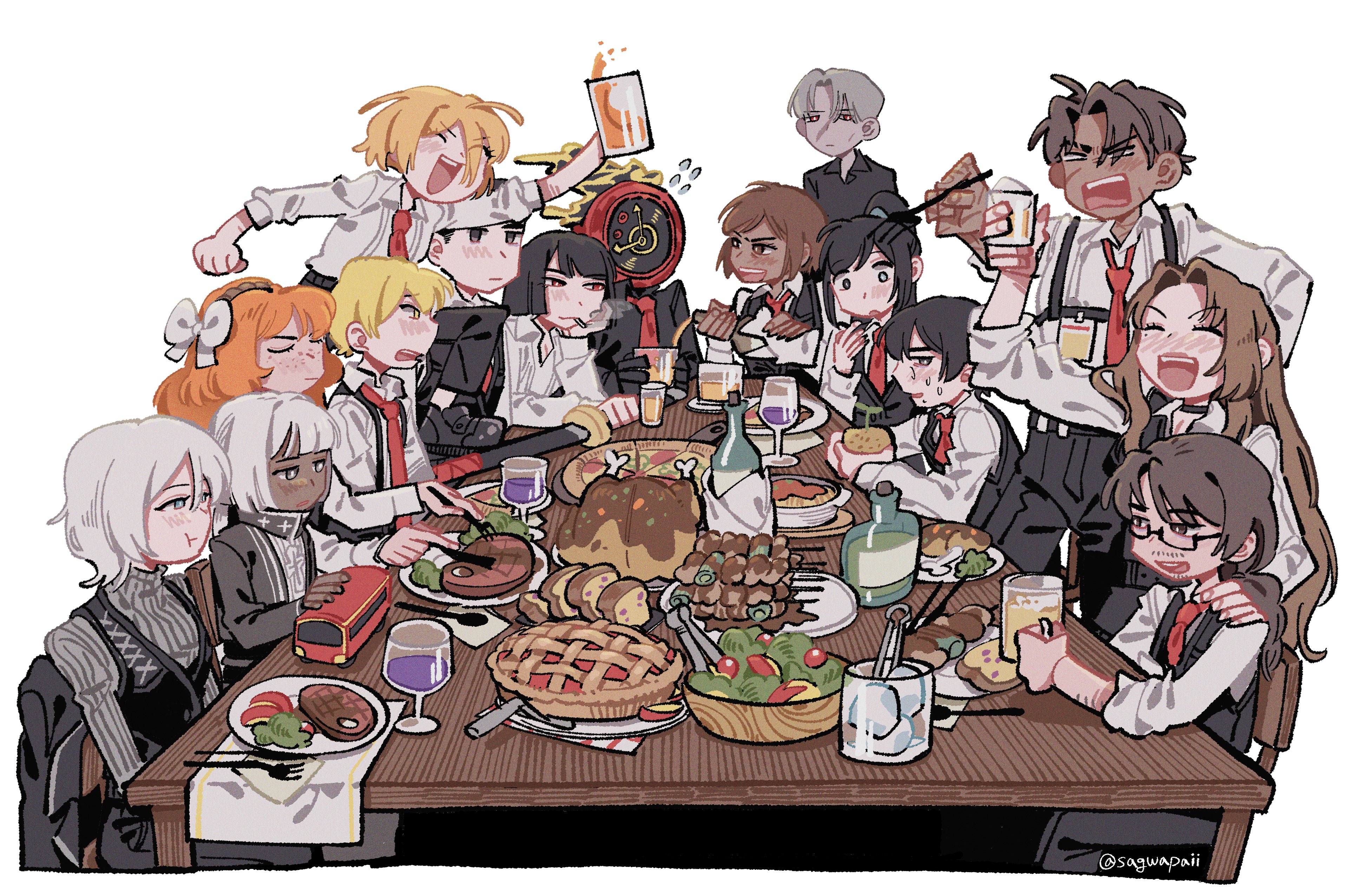 Safebooru - 1other 6+boys 6+girls :d :o :t ^ ^ absurdres alcohol apple apple rabbit apple slice ...
