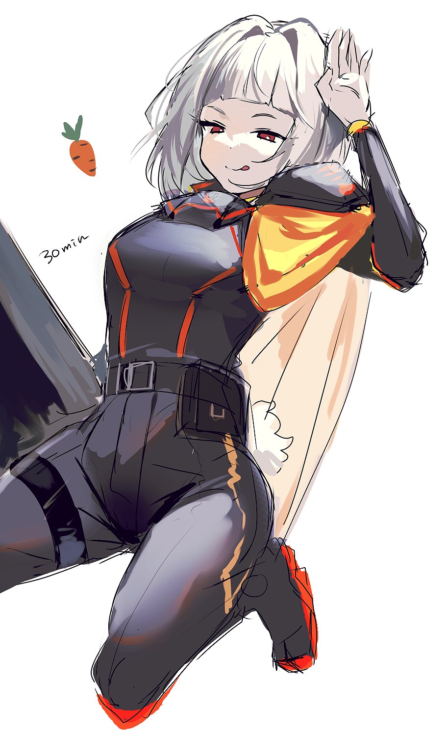 Safebooru - 1girl arm up armor belt belt pouch black belt black jacket black pants cape carrot ...