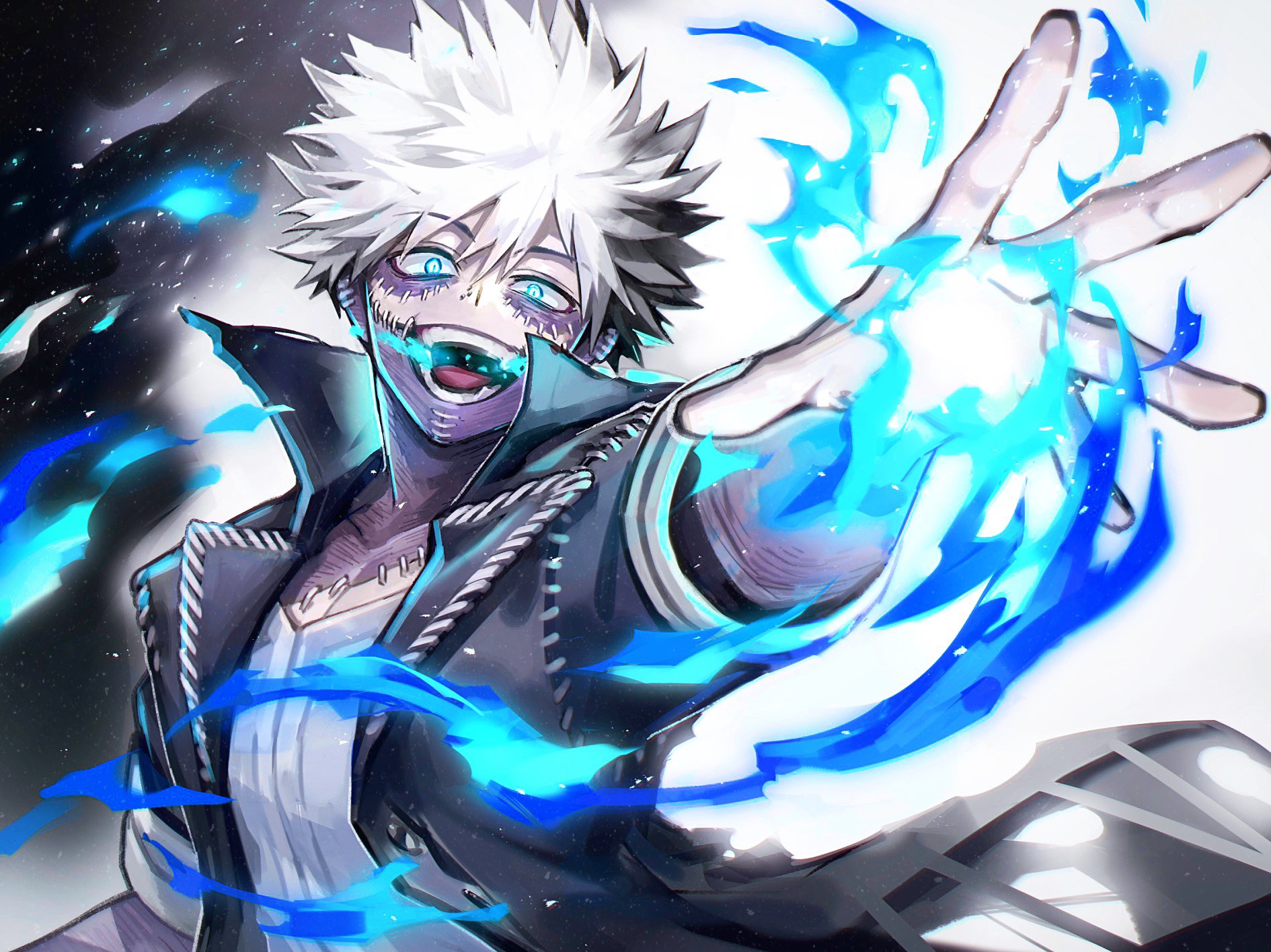 Safebooru - 1boy arm up black background black coat blue eyes blue fire ...