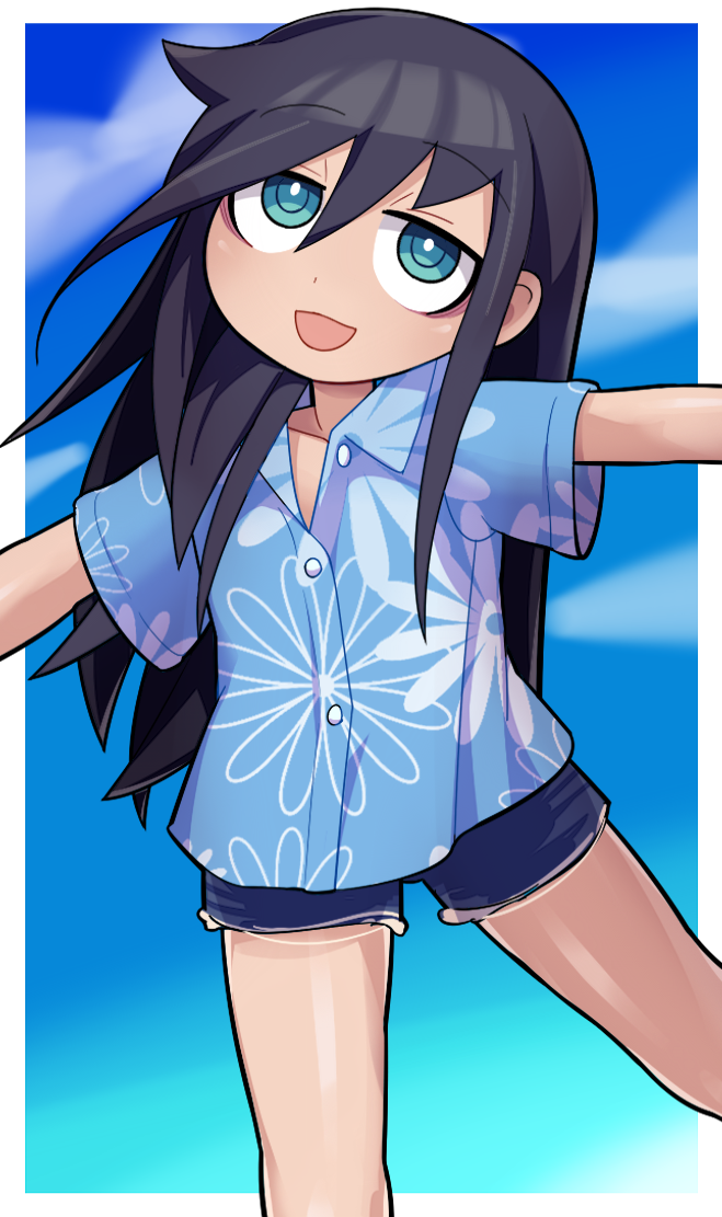 Safebooru - 1girl black hair blue background blue eyes blue shirt blue shorts border bright ...