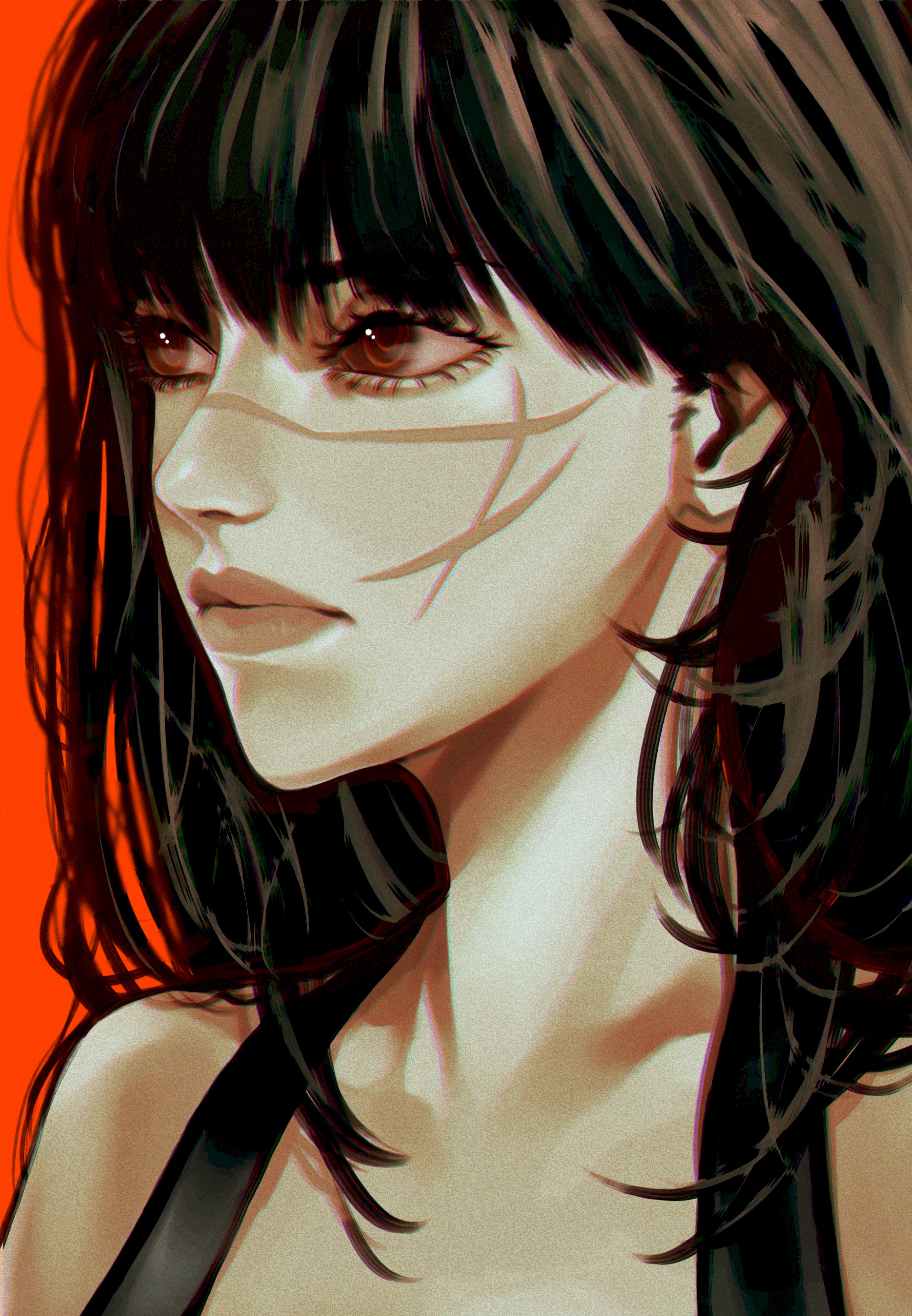 Safebooru - 1girl absurdres black hair black tank top brown eyes chainsaw man cross scar highres ...