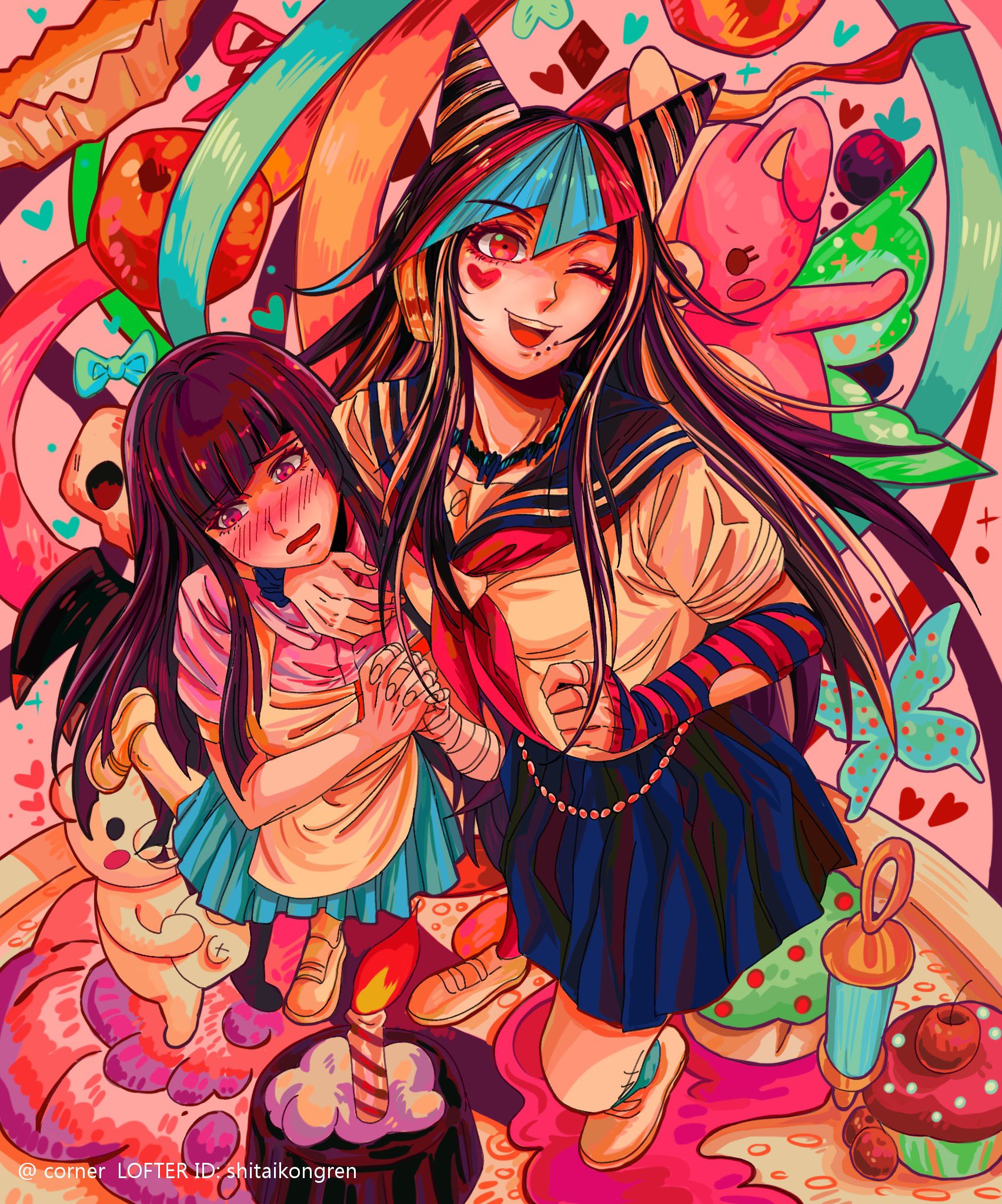 Safebooru - 2girls ;d apron arm around shoulder asymmetrical legwear black hair black sailor ...