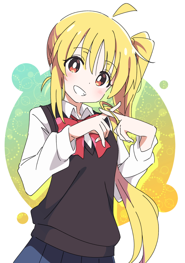 Safebooru - 1girl ahoge black sweater vest blonde hair bocchi the rock! bow bowtie clenched ...